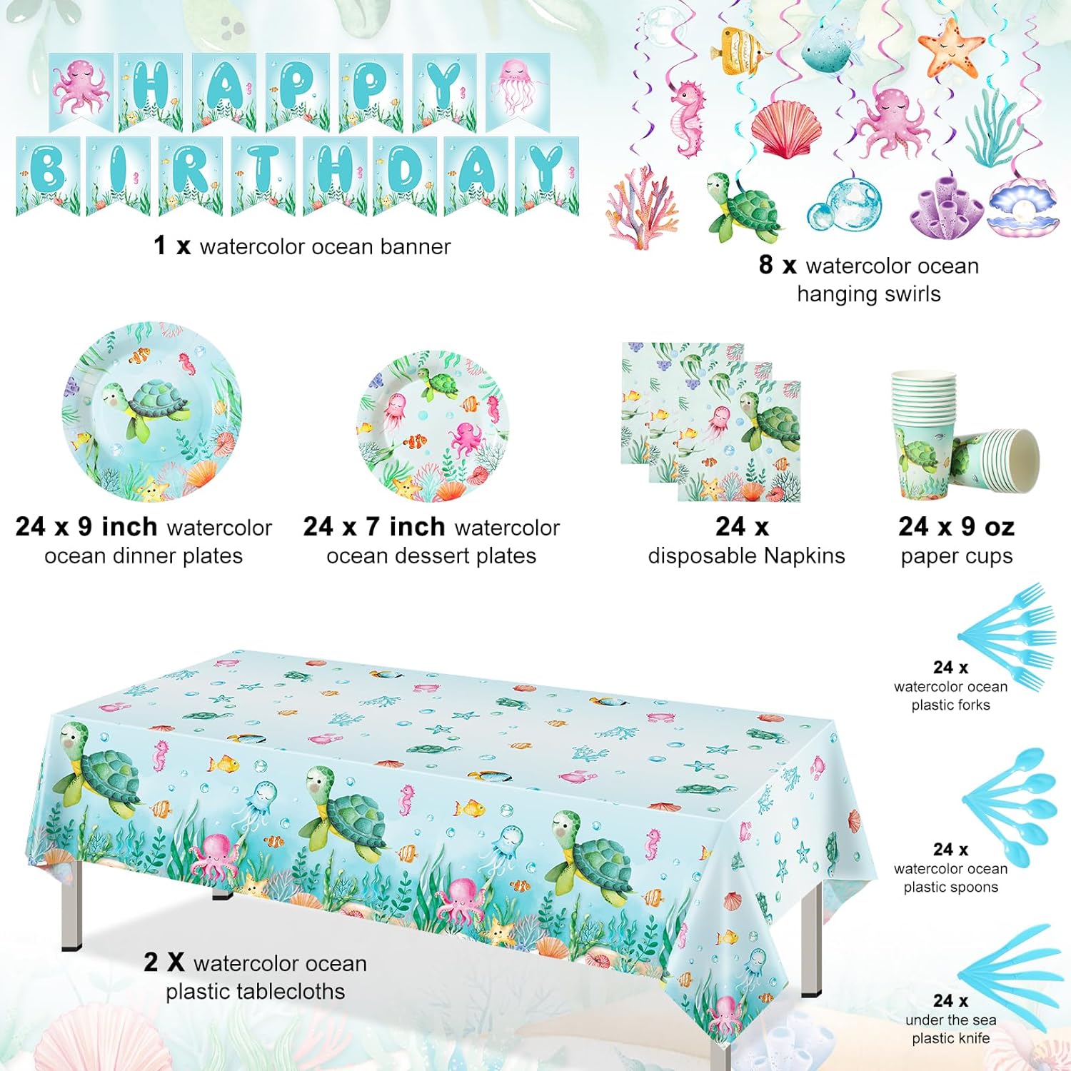 SLFR-189 Pcs Sea Turtle Birthday Decorations Ocean Sea Party Tableware ...