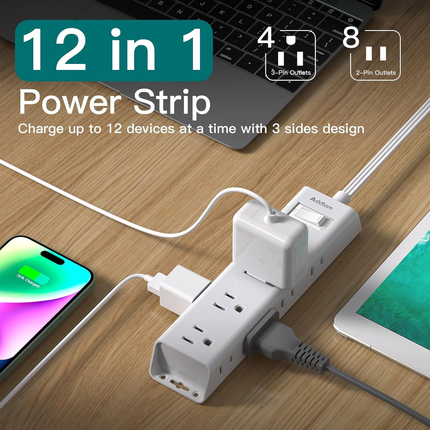 SLFR-2 Pack Surge Protector Power Strip - Flat Plug Extension Cord, 12 ...
