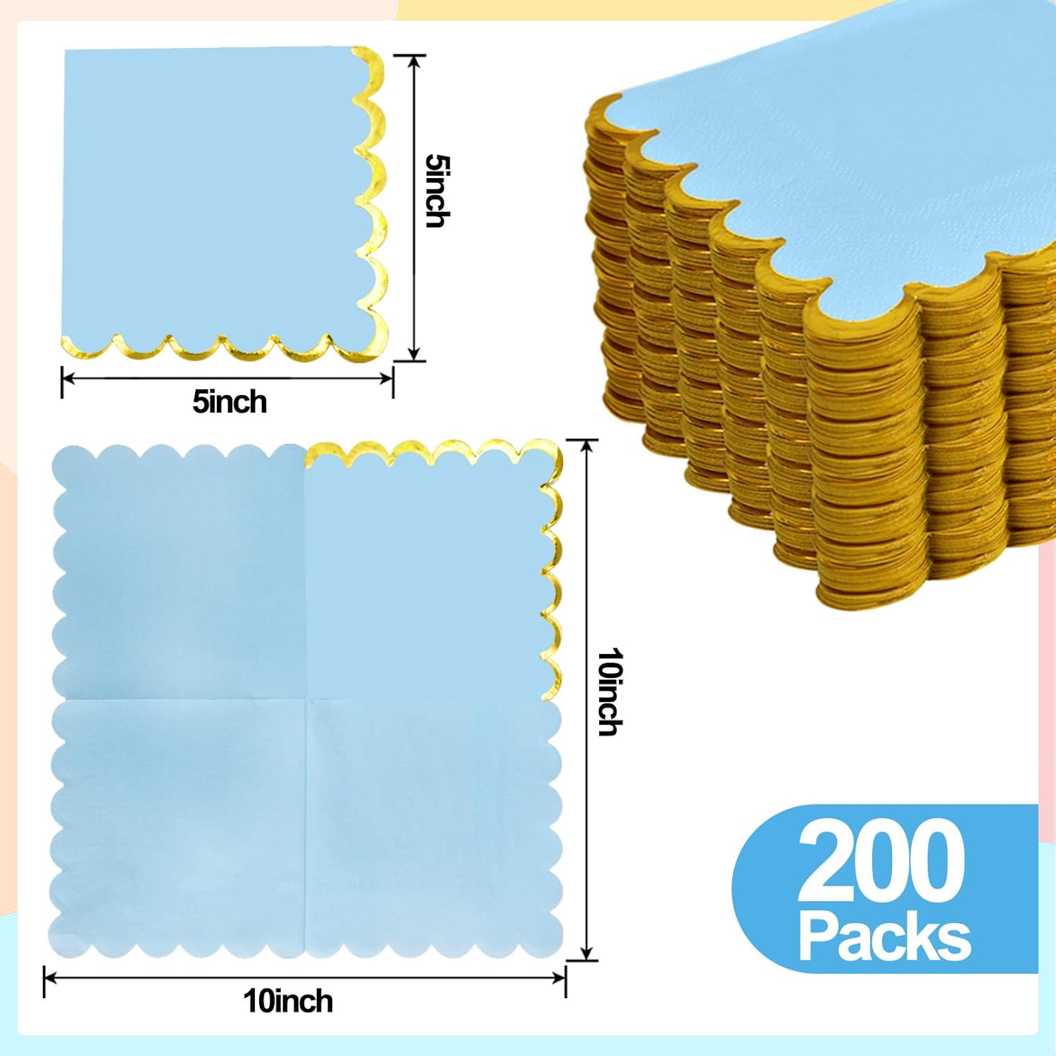 SLFR-200 Pack Blue Paper Napkins Gold Foil Scalloped Cocktail Napkins ...