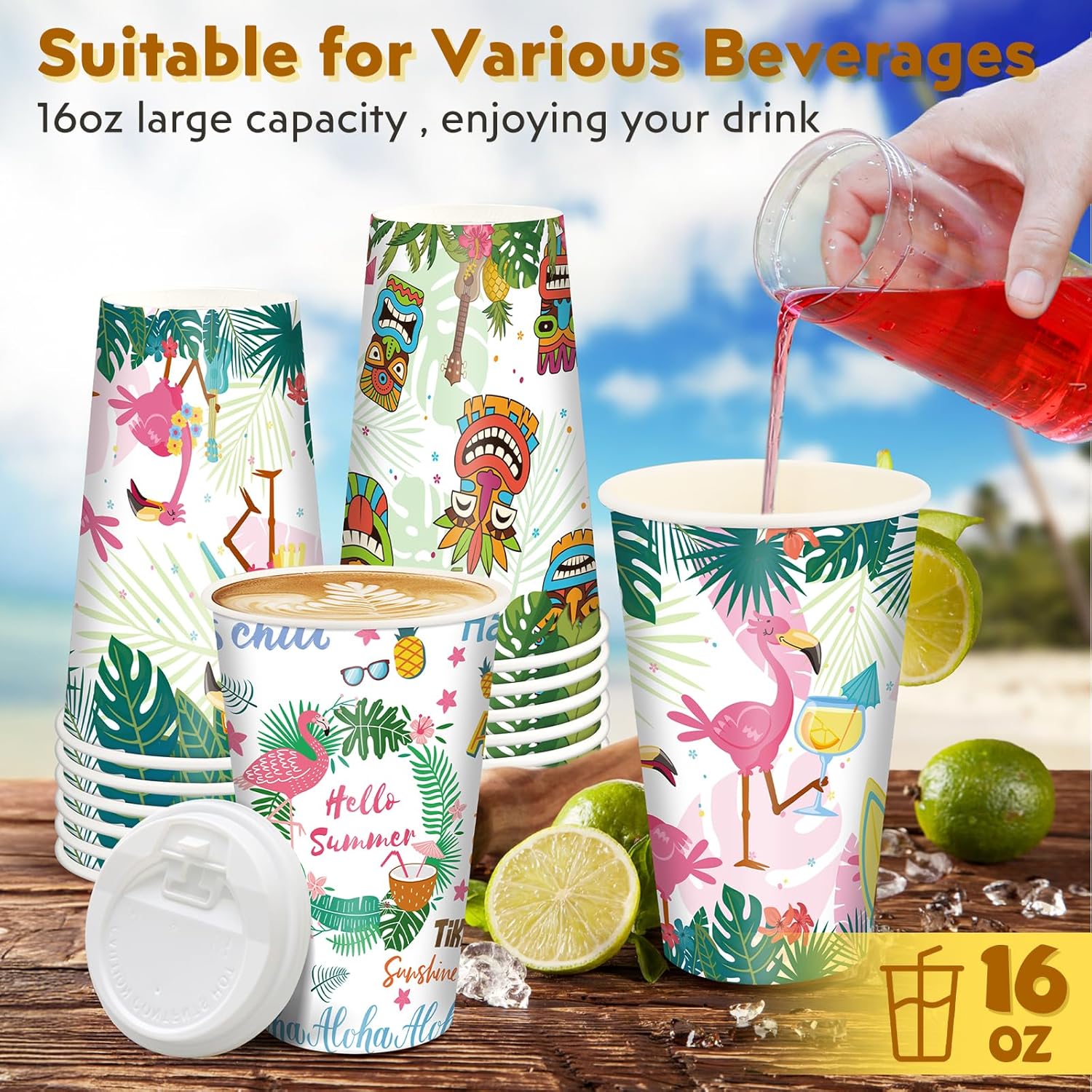SLFR-48 Pcs Hawaiian Luau Party Disposable Coffee Cups with Lids, 16 oz ...