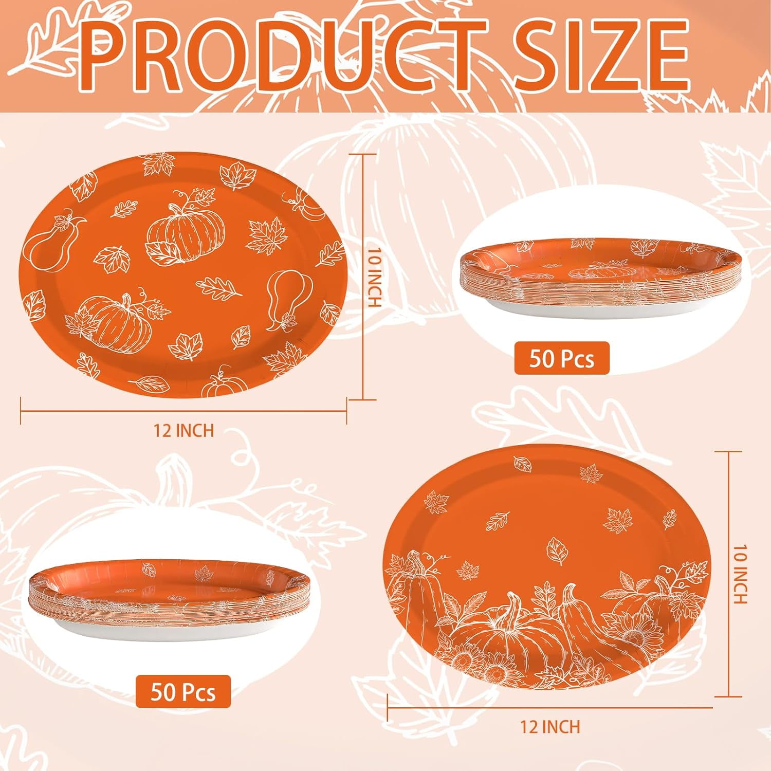 SLFR-50Pcs Fall Pumpkins Oval Paper Plate Thanksgiving Plate 10" X 12 ...