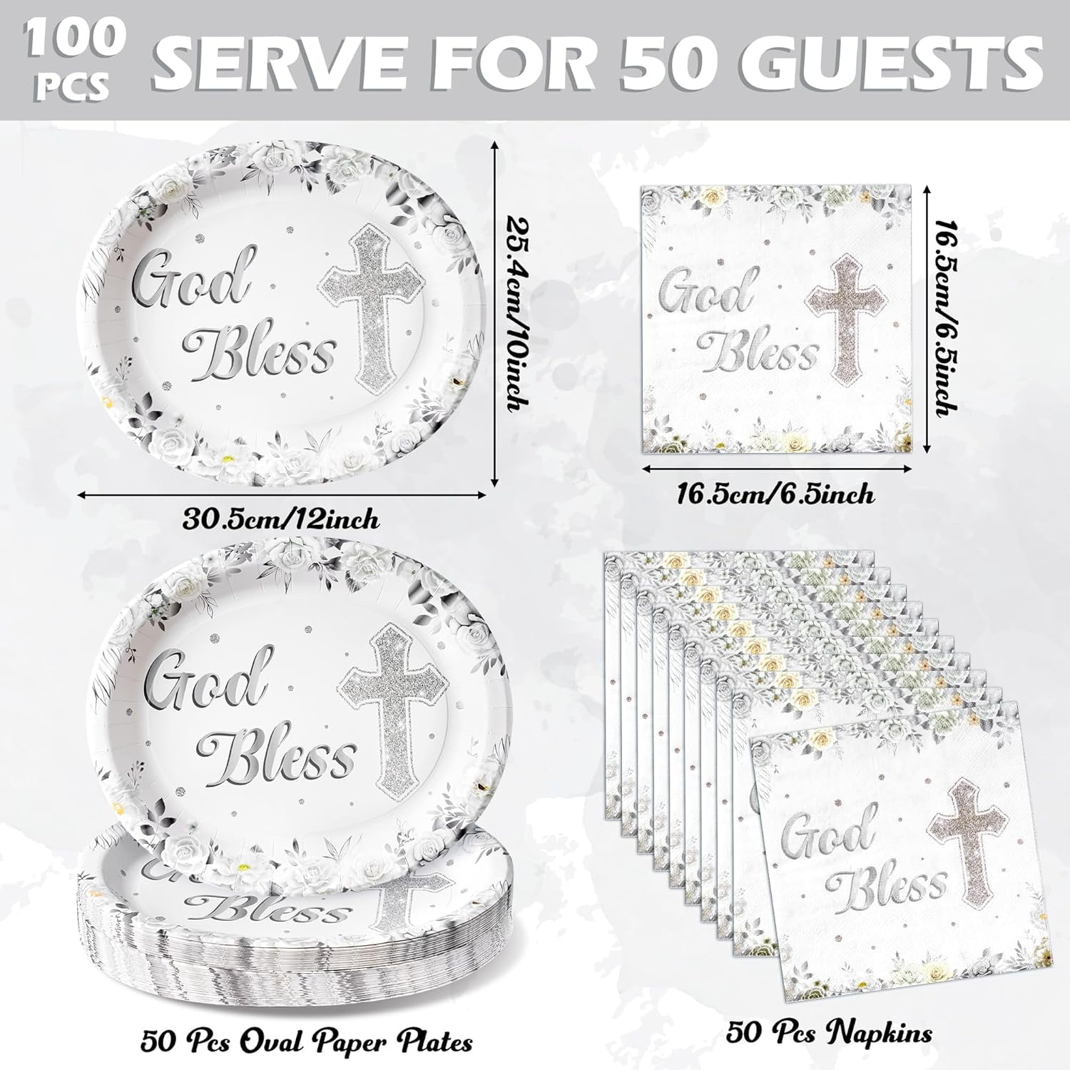 SLFR-50Pcs Silver God Bless Oval Paper Plates and 50Pcs Napkins, Silver ...