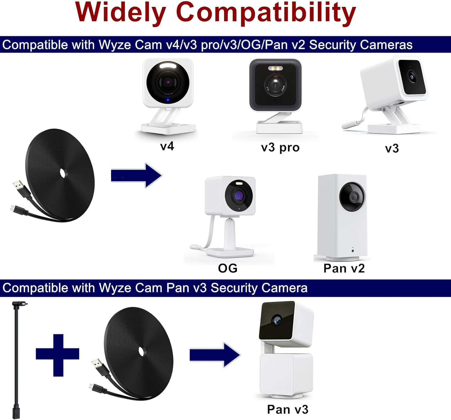SLFR-50ft Power Cable for Wyze Cam v4, Wyze Cam Pan v3, Wyze OG, v3 Pro ...