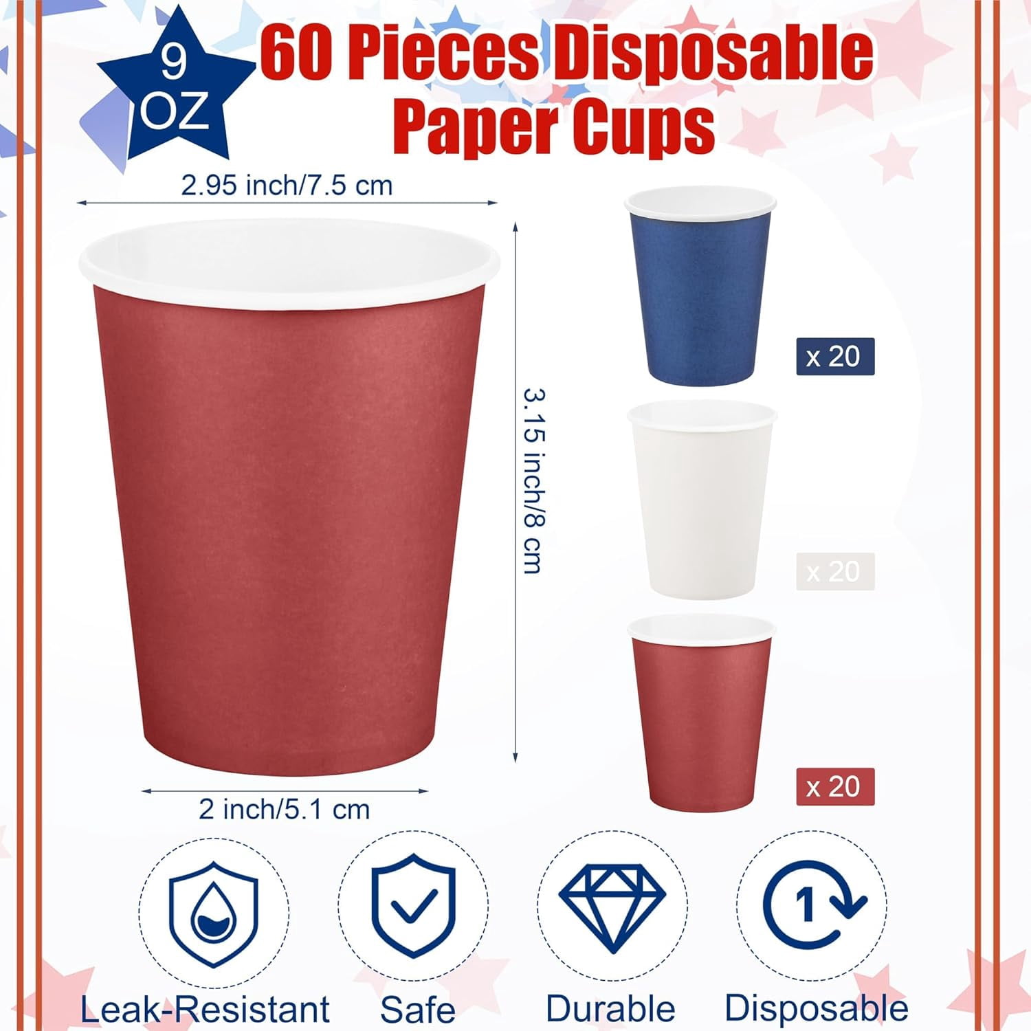 SLFR-60 Pieces 4th of July 9 Ounce Disposable Paper Cups Patriotic Blue ...