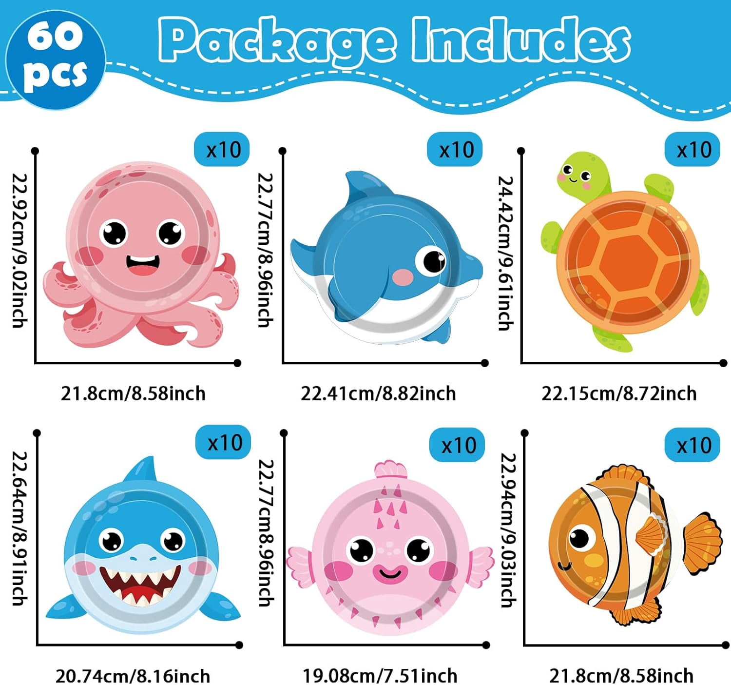 SLFR-60pcs Ocean Animal Party Paper Plates Sea Animal Shaped Plates ...