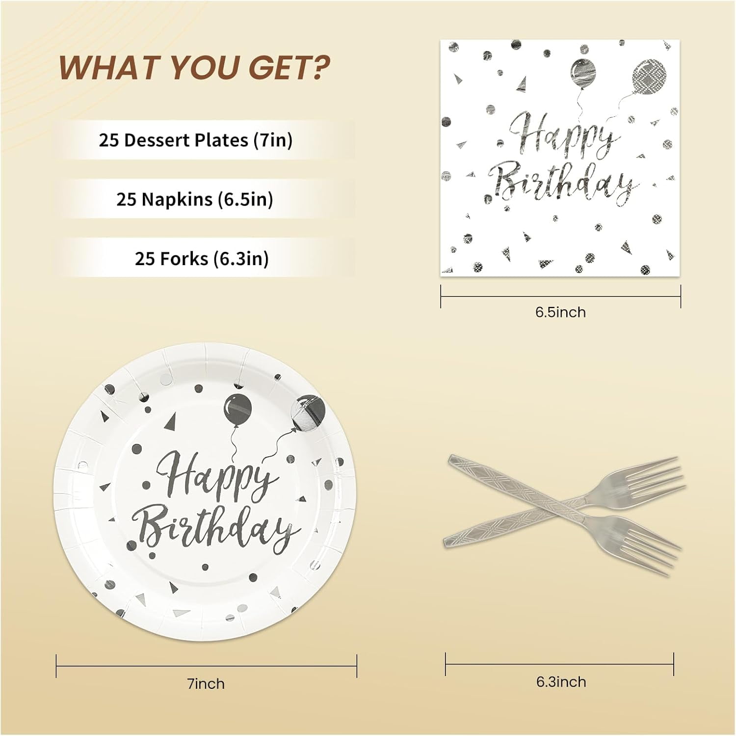 SLFR-75PCS Happy Birthday Paper Plates - 7 Inch White Sliver Dot Paper ...