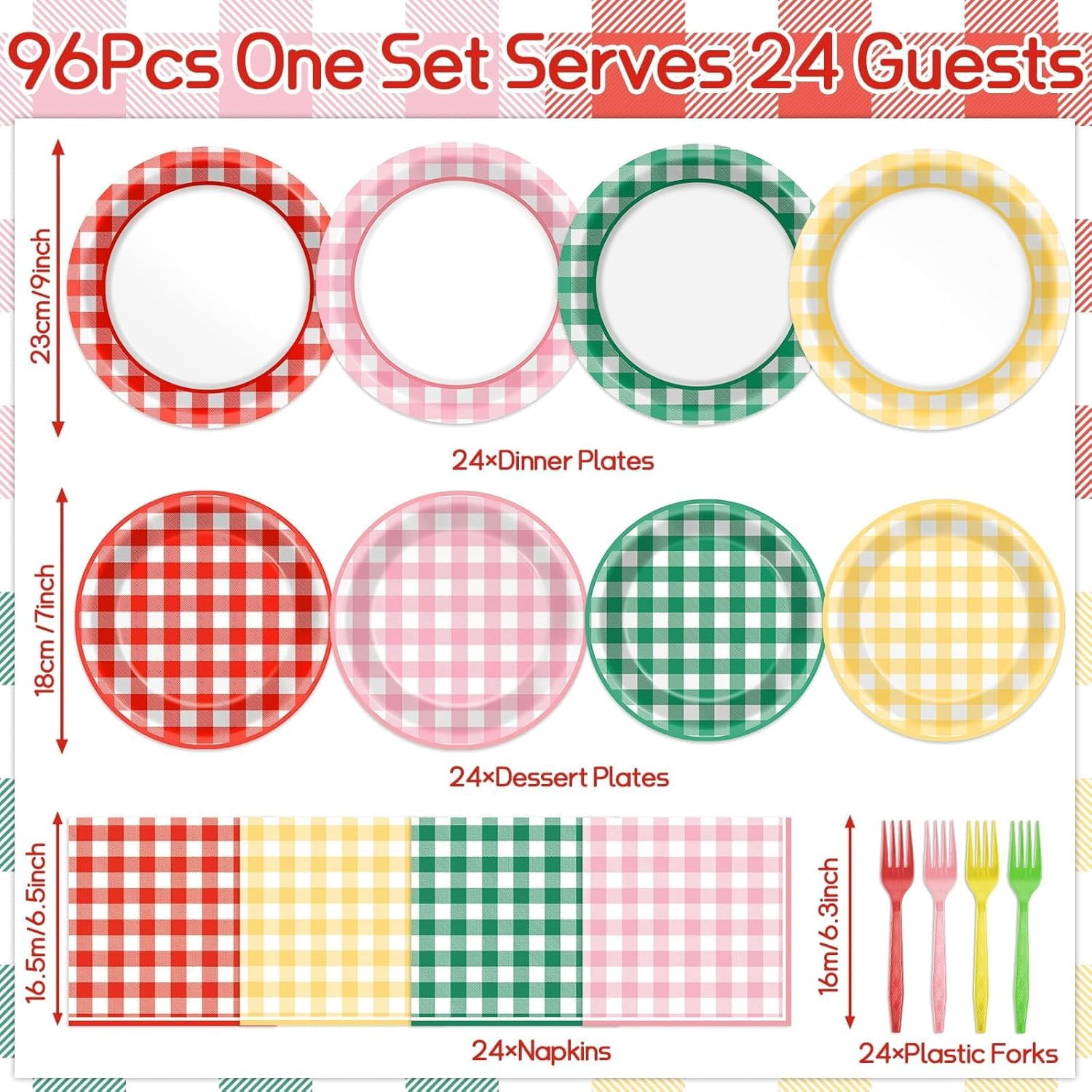 SLFR-96 Pcs Camp Gingham Paper Plates and Napkins Gingham Checkered ...