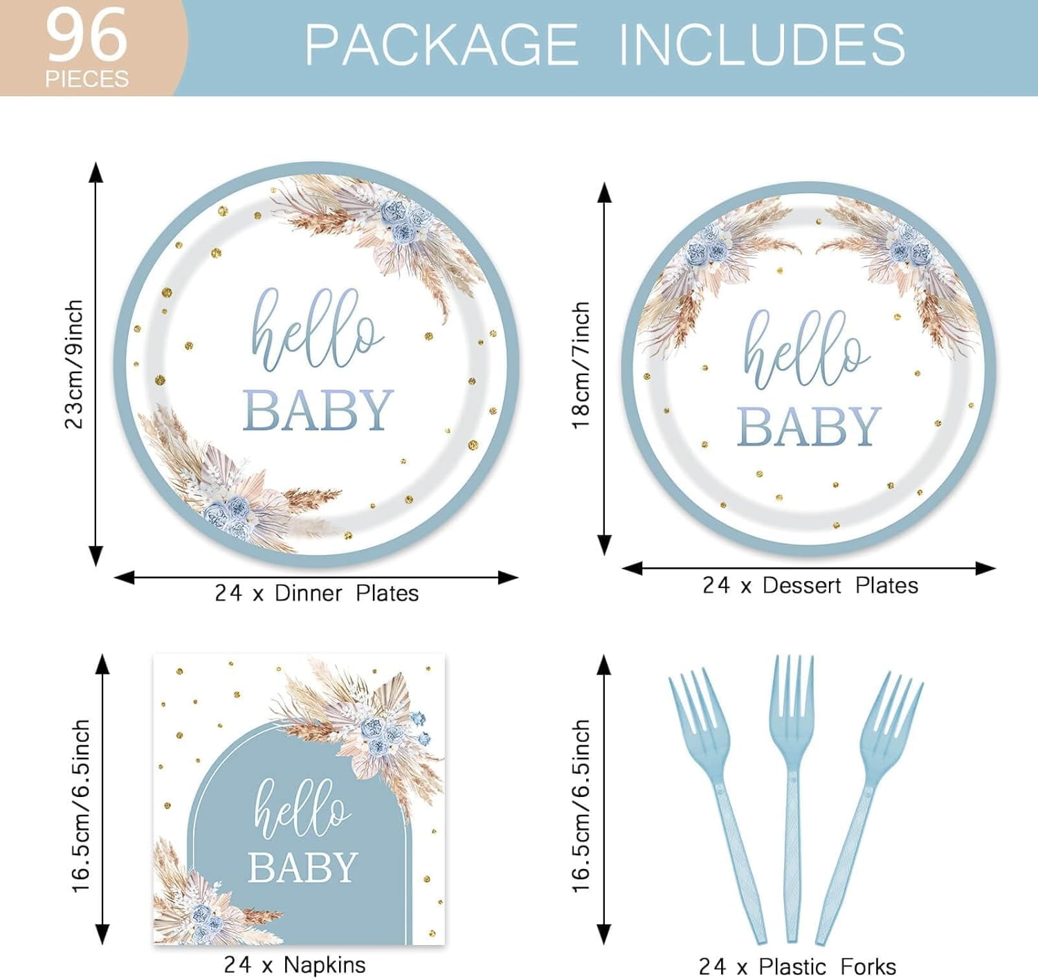 SLFR-96 Pieces Dusty Blue Baby Shower Tableware Set Party Supplies ...