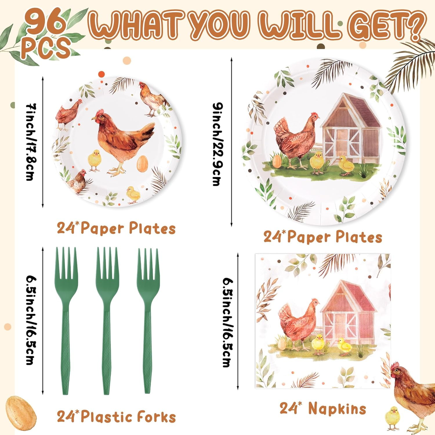SLFR-96Pcs Chicken Party Plates Supplies - Serves 24 - Barnyard Farm ...