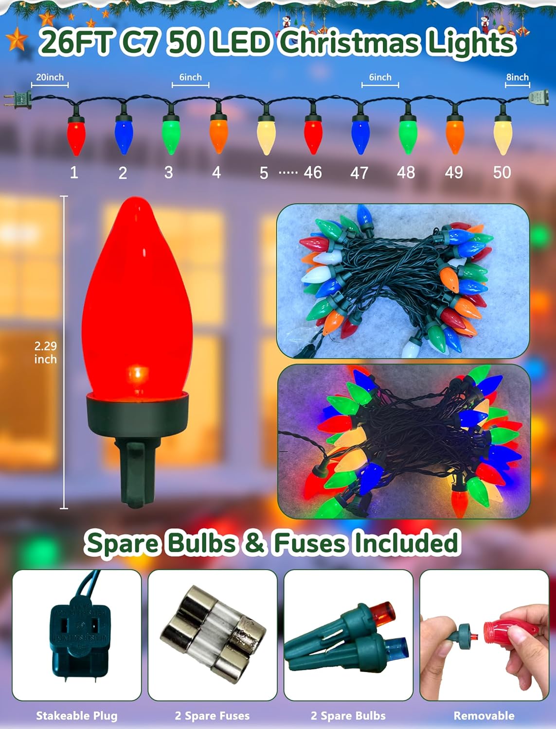 SLFR-C7 LED Christmas Lights - 26FT Colored Christmas Lights with 50 ...