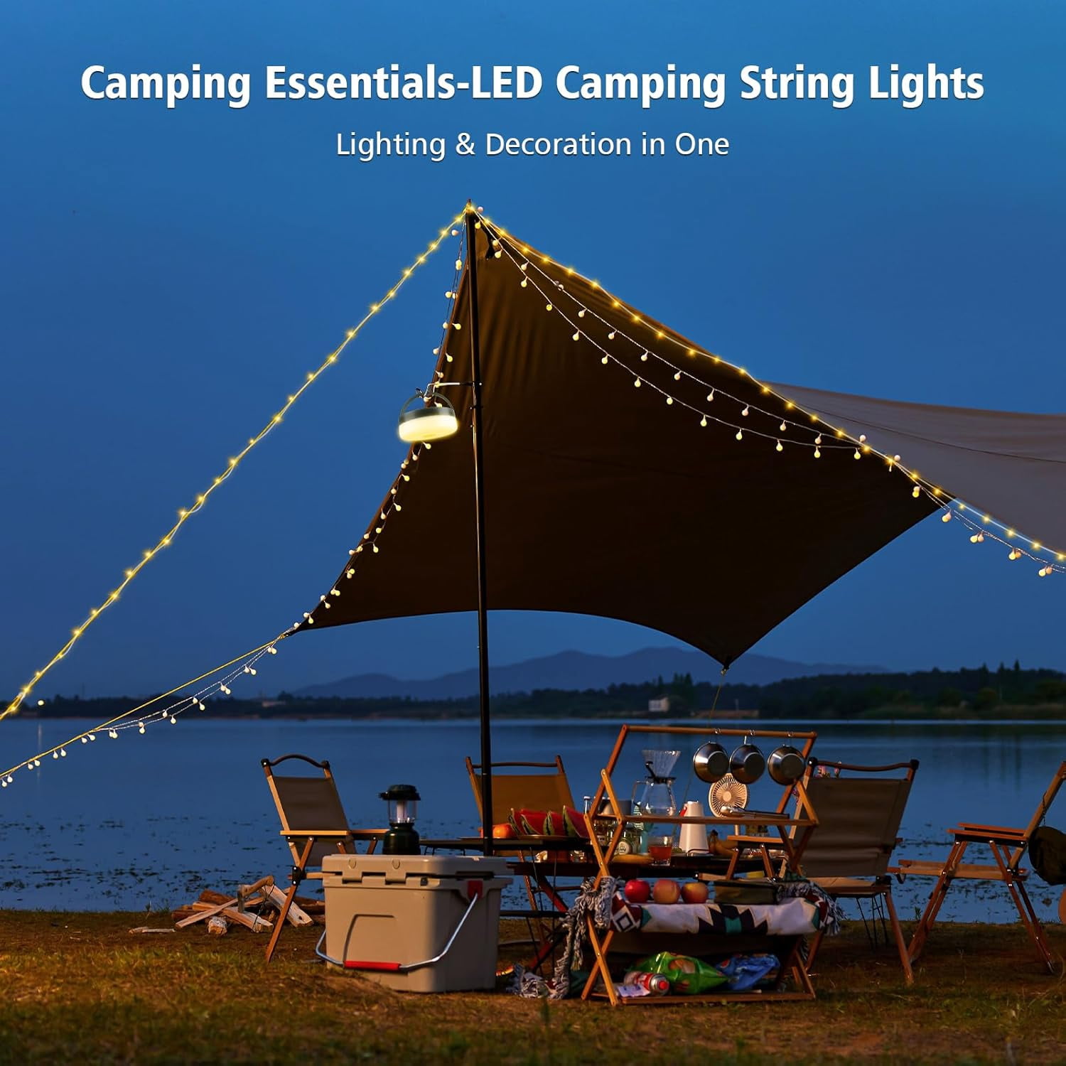 SLFR-Camping String Lights 33ft, 4 in 1 Rechargeable 100 LED Outdoor ...