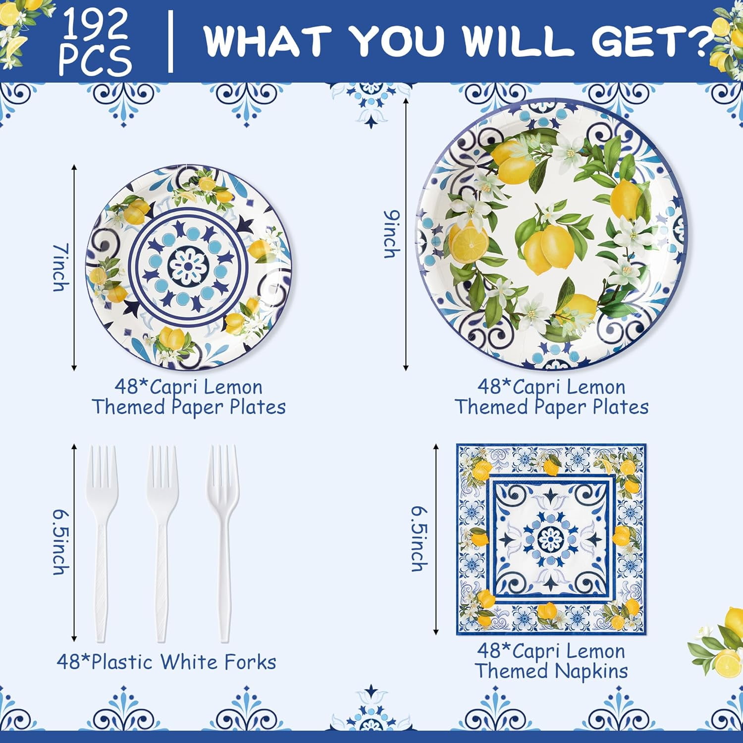 SLFR-Capri Lemon Party Plates Supplies - Serves 48-192Pcs Blue Tiles ...