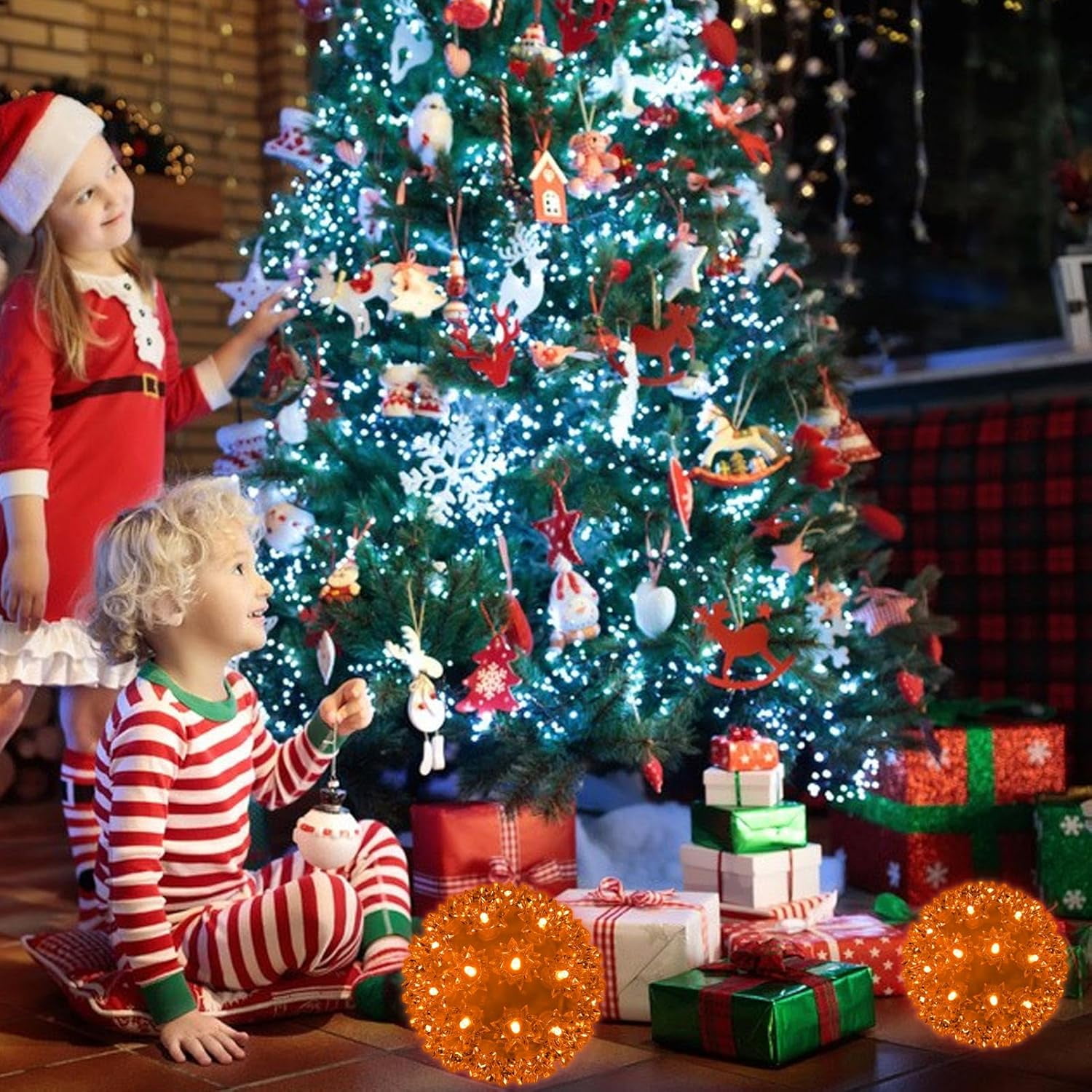 SLFR-Christmas Lights Ball 5.5" Outdoor Hanging Sphere Lights 50 LED Orb Orange Starlight Sphere ...