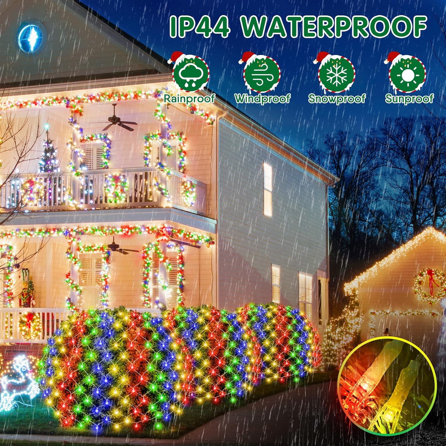 SLFR-Christmas Net Lights Outdoor 200 LED 6.9FT x 5.4FT Clear Wire with ...