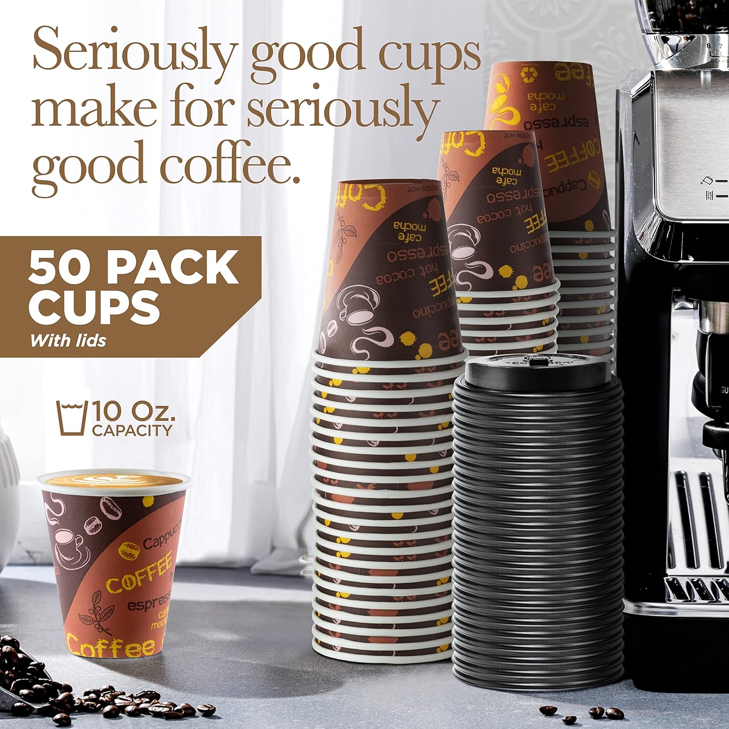 SLFR-Disposable Coffee Cups with Lids 10 oz (50 Pack) - To Go Paper ...