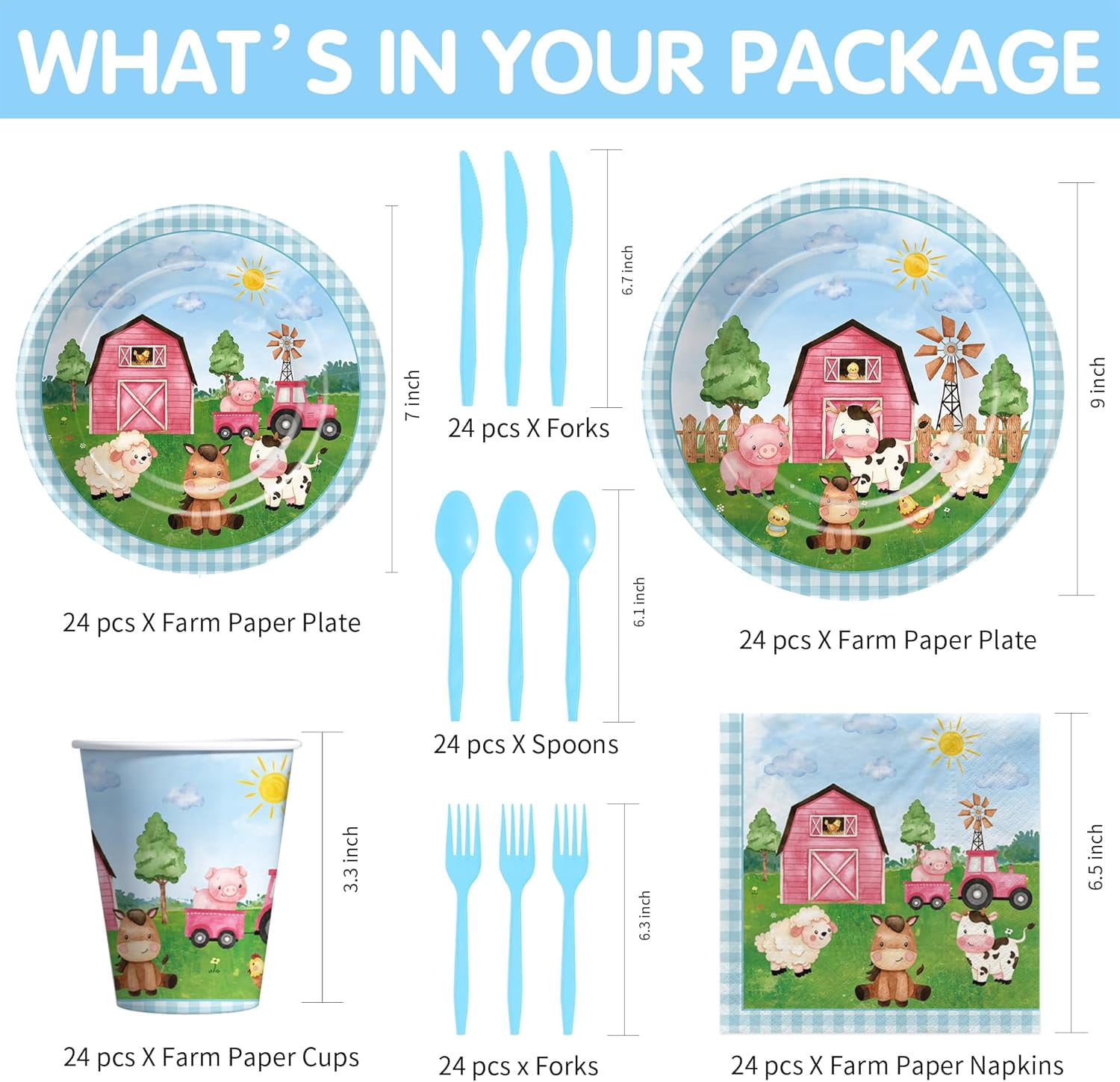 SLFR-Farm Birthday Decorations Tableware, Blue Farm House Animal ...