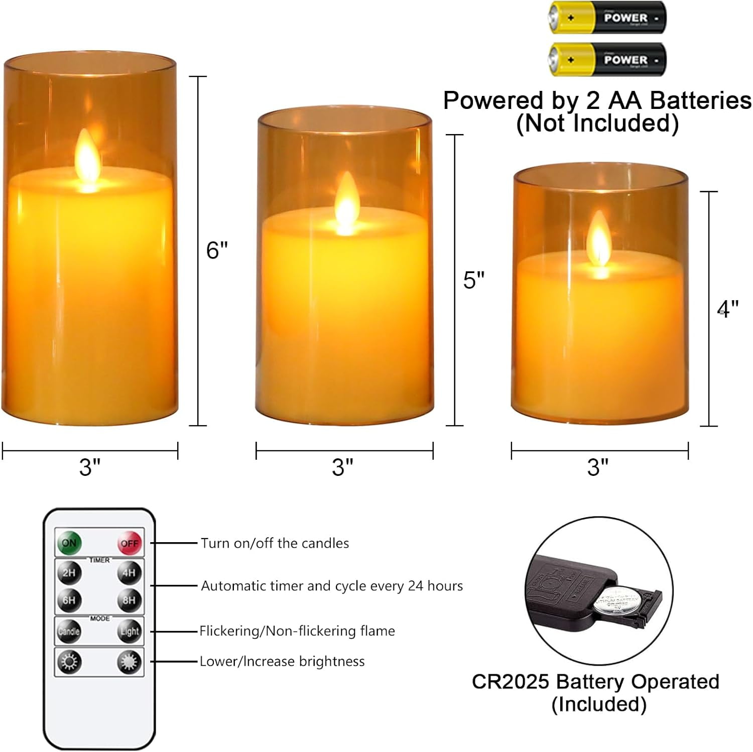 SLFR-Gold Glass Flameless Candles with Remote Timer Moving Wick Battery ...