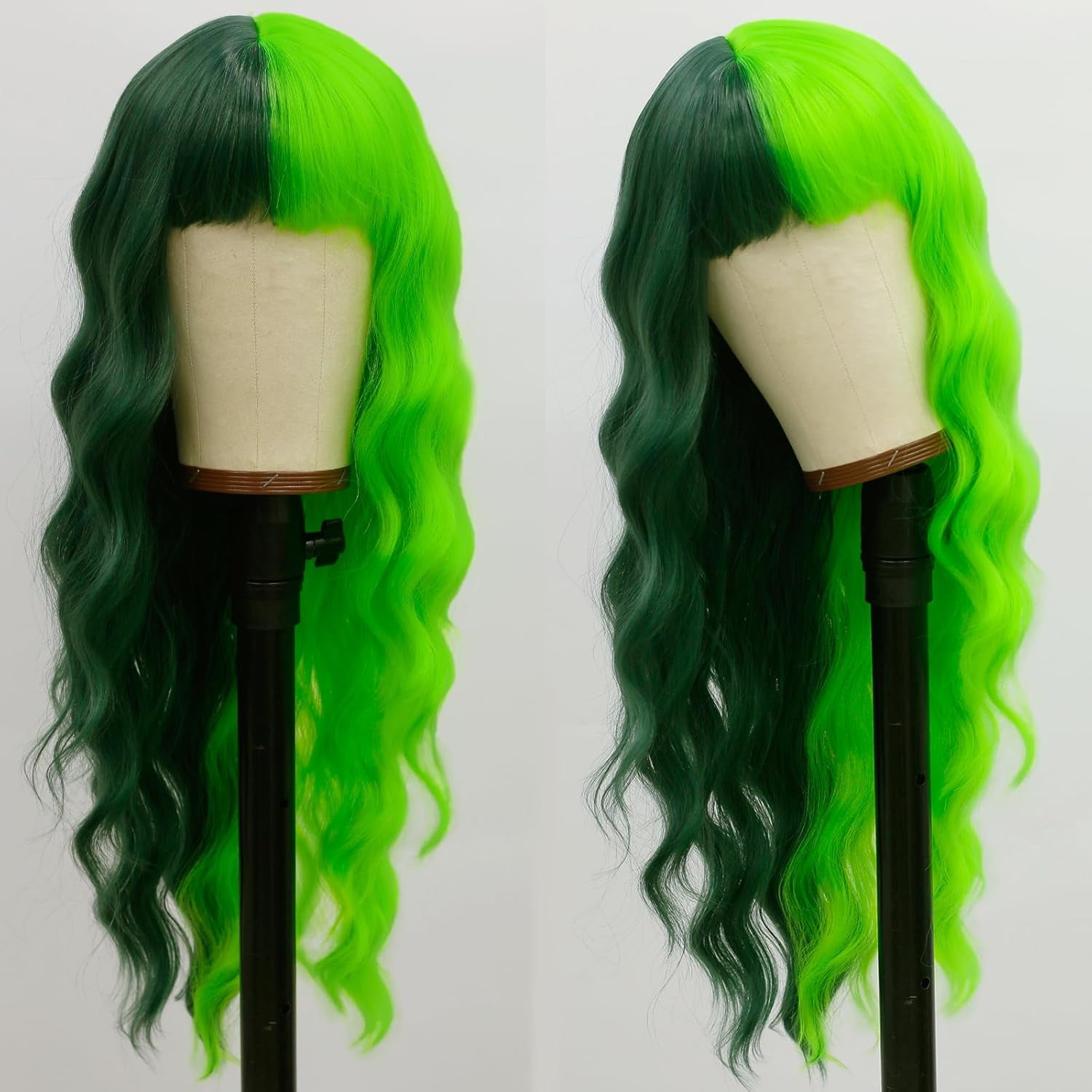 SLFR-Green Body Wavy Wigs with Bangs Half Dark Green Half Light Green ...