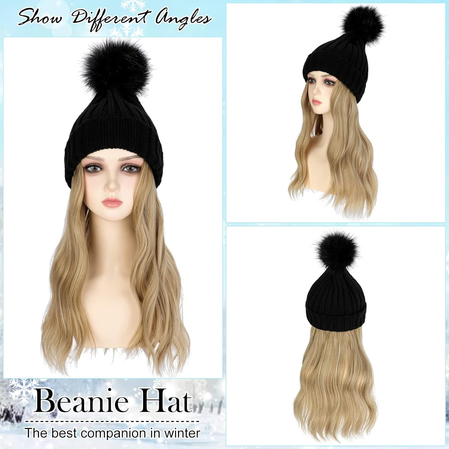 SLFR-Hat Wig Beanie Hat with Hair Long Wavy Hair Extensions Knit Rib ...