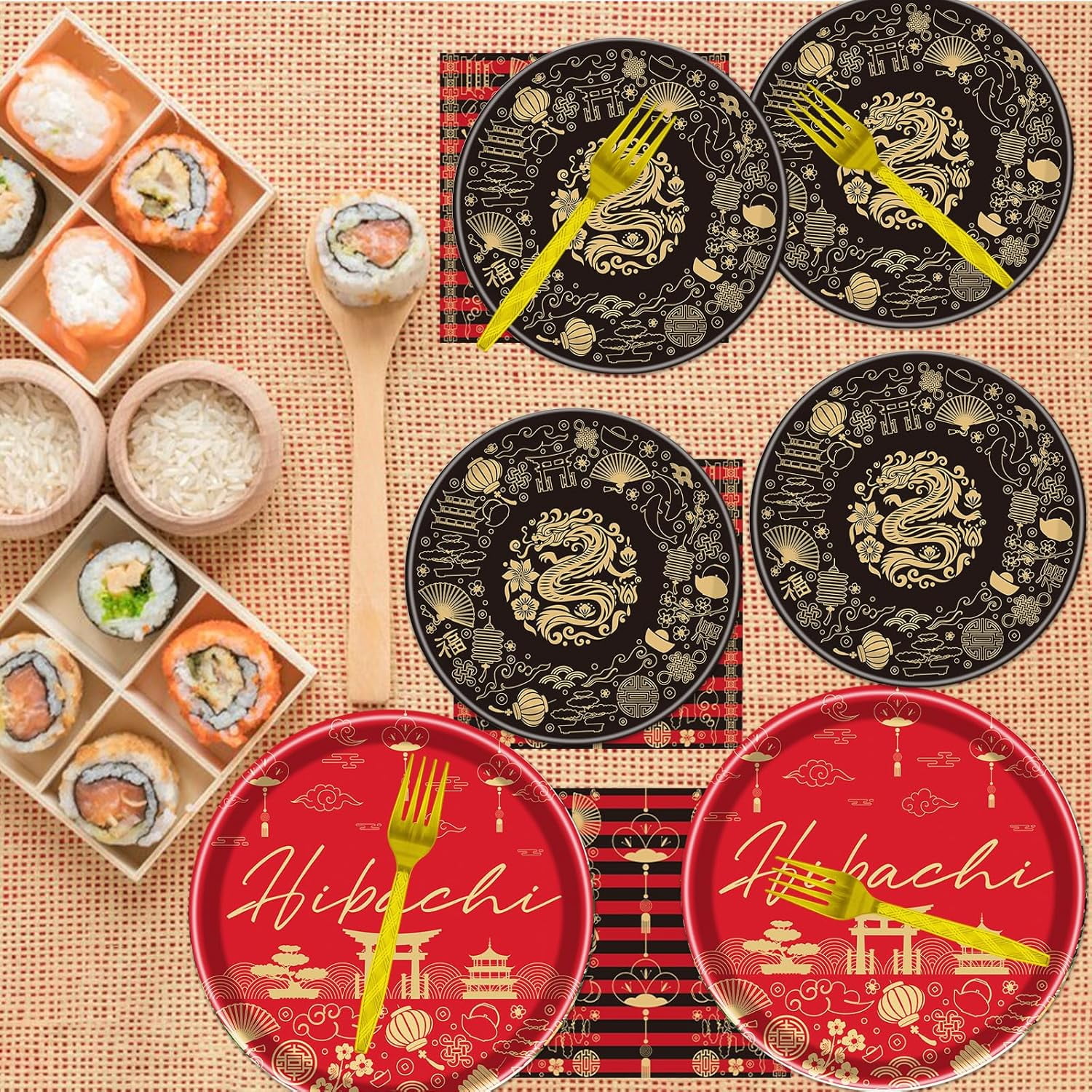 SLFR-Hibachi Party Tableware Decorations, 96PCS Disposable Paper Plate ...