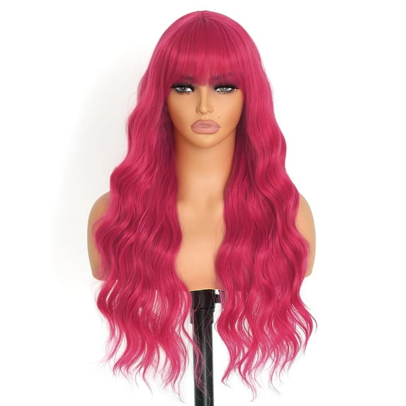 SLFR-Hot Pink Wig for Women Long Curly Wig Cap With Bangs Natural Wave ...