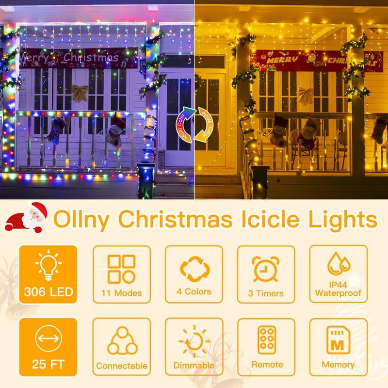 SLFR-Icicle Lights for Outside 306LED 25FT, Color Changing Christmas ...