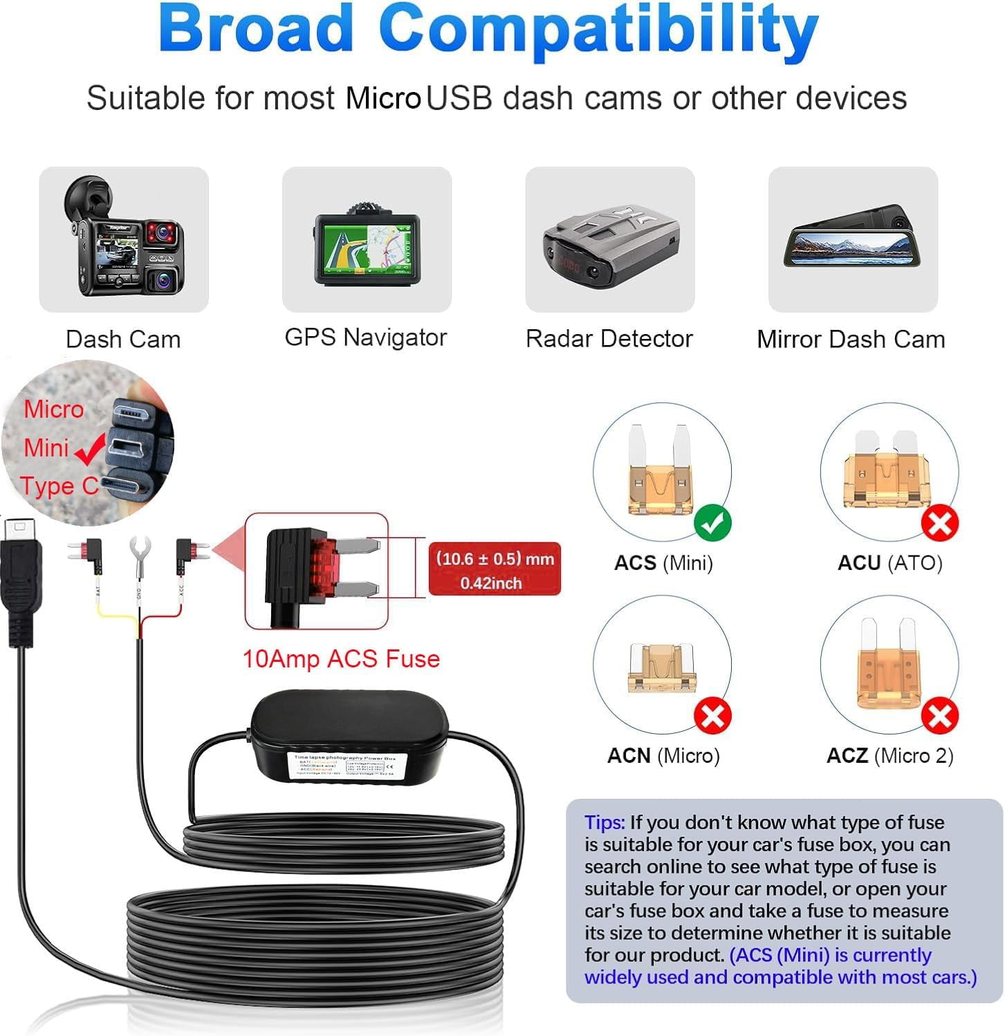 SLFR-Mini USB Port Dash Cam Hardwire Kit for 24H Parking Monitor/Time ...