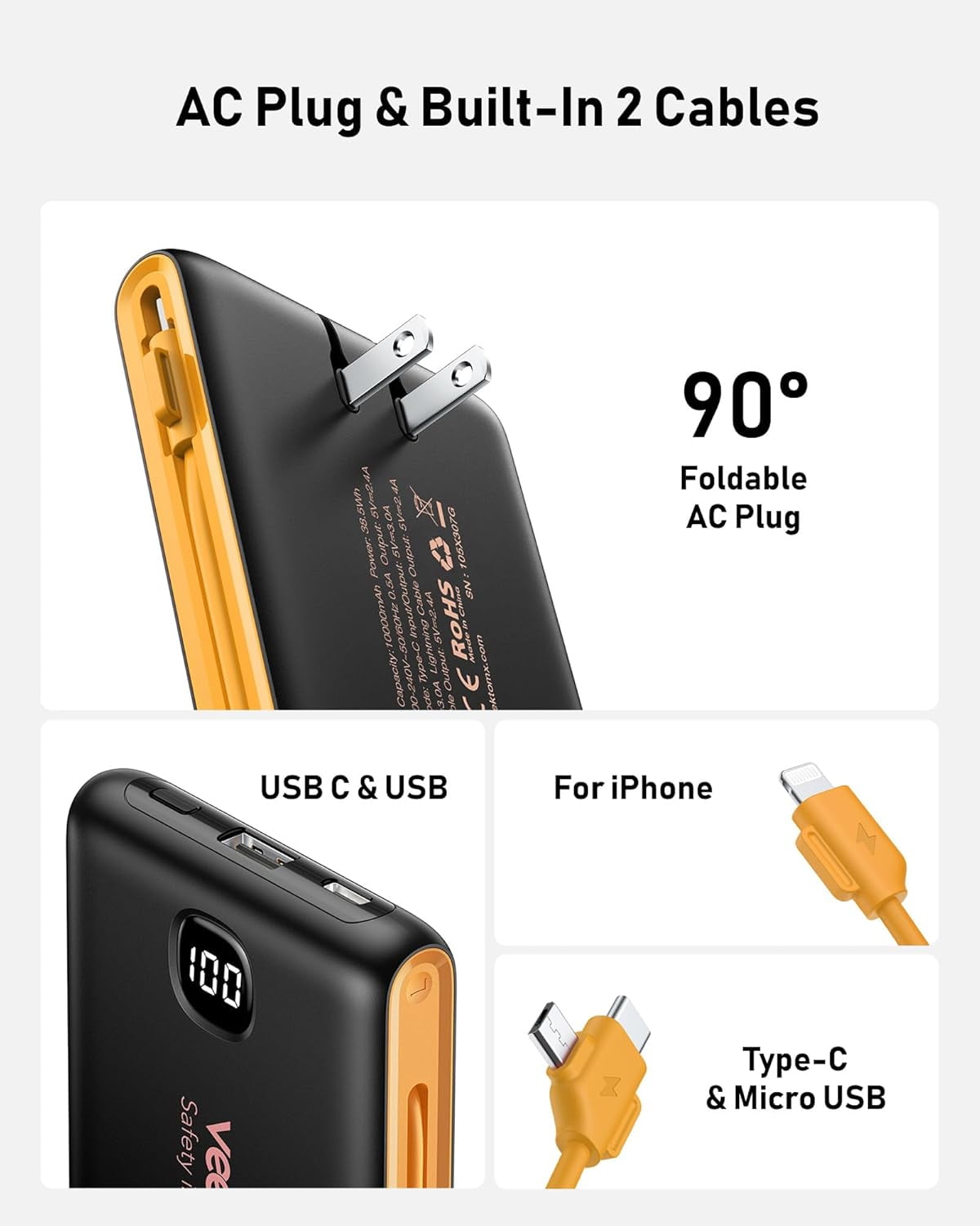 SLFR-Portable Charger Power Bank Built in Cables and Wall Plug ...