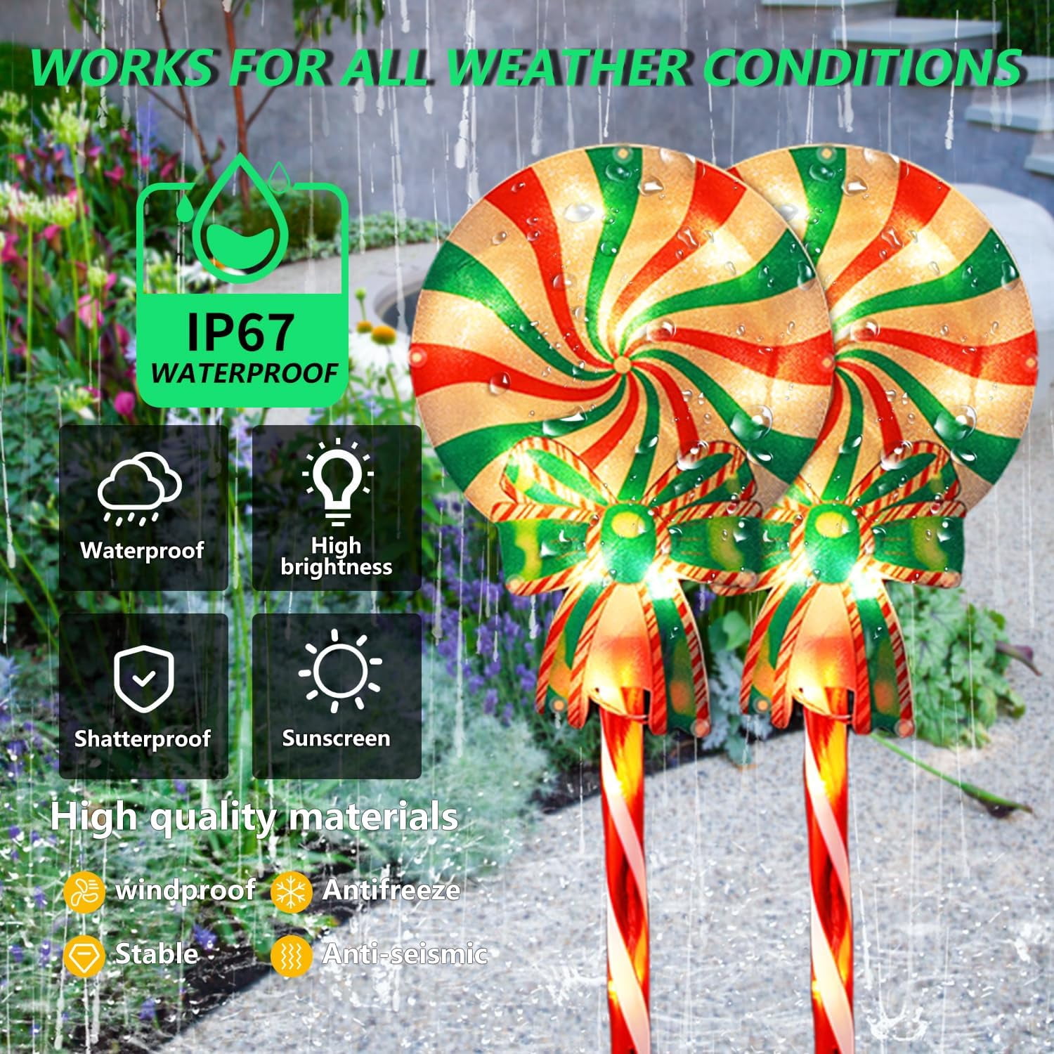 SLFR-Set 4 Pack Christmas Solar Pathway Lights Outdoor Green Lollipop ...