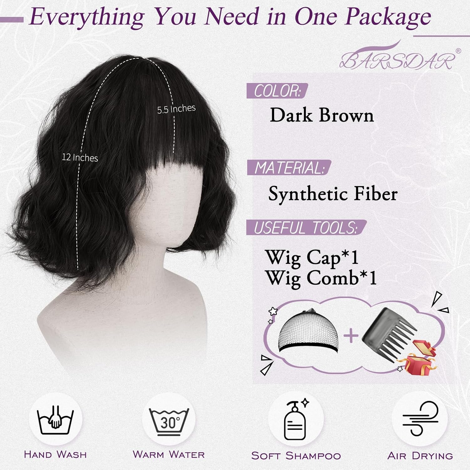 SLFR-Short Wavy Dark Brown Wig with Bangs - Short Dark Brown Bob Wigs ...
