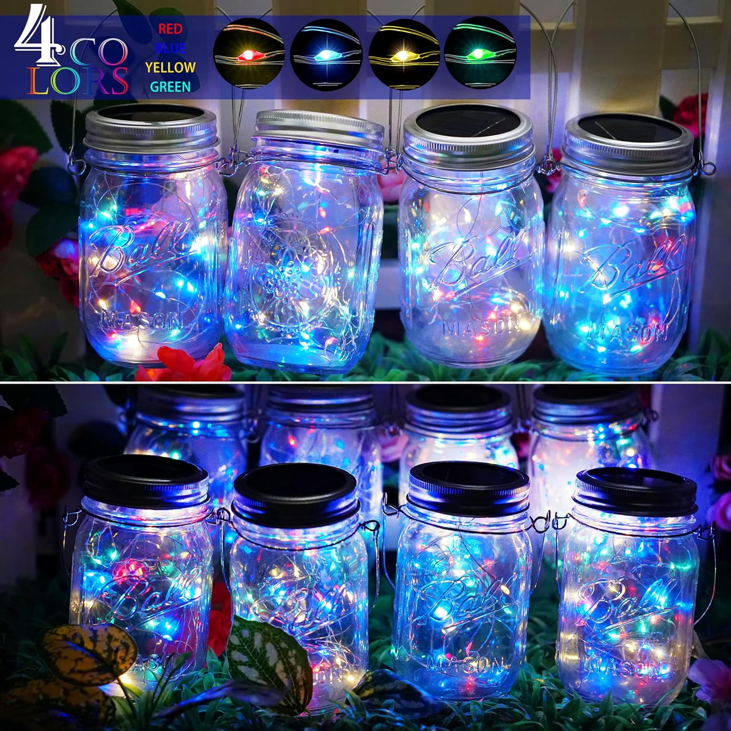 SLFR-Solar Mason Jar Lights [Updated], 8 Pack 20 LED Waterproof Fairy ...