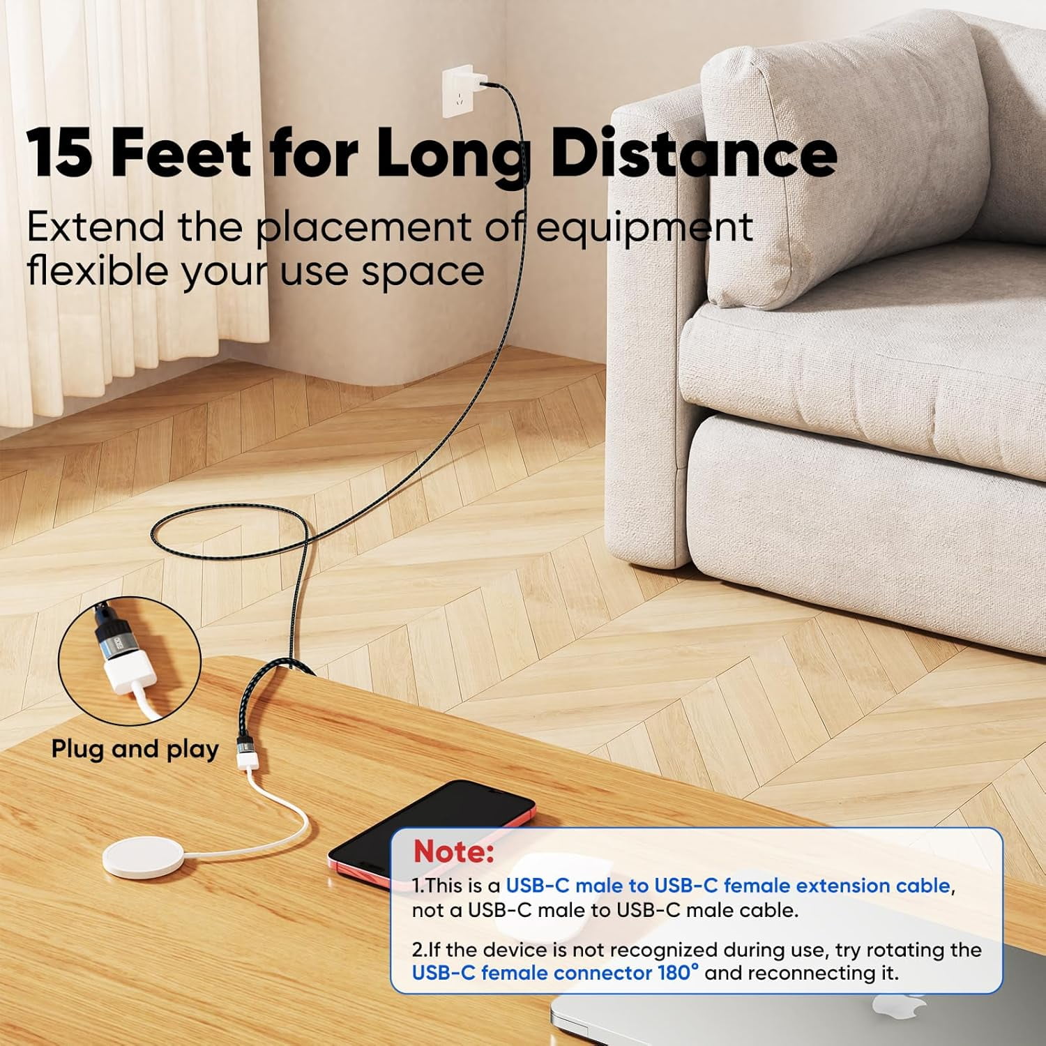 SLFR-USB C Extension Cable 15Ft Long, 10Gbps Data Transfer/60W Charging ...