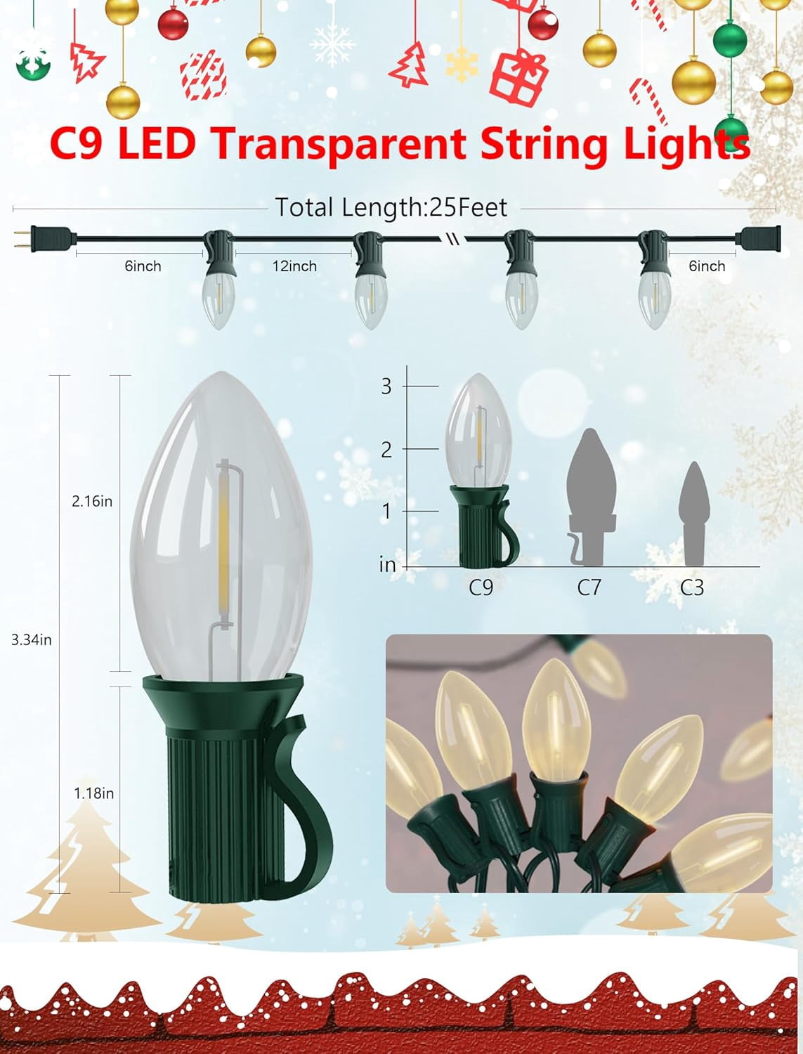 SLFR-Vintage C9 LED Christmas Lights Outdoor, 25Ft LED C9 Warm White ...