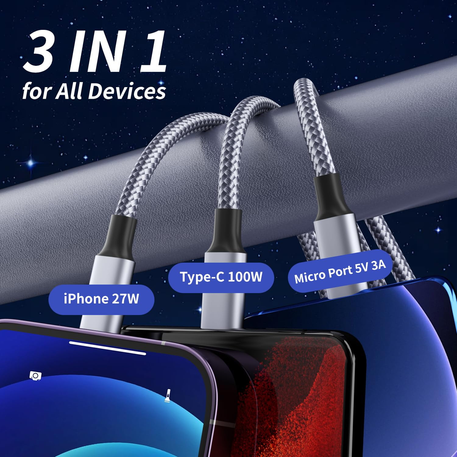 SLFS-100W USB C Multi Charging Cable, 5FT Nylon 3 in 1 Fast Charging ...