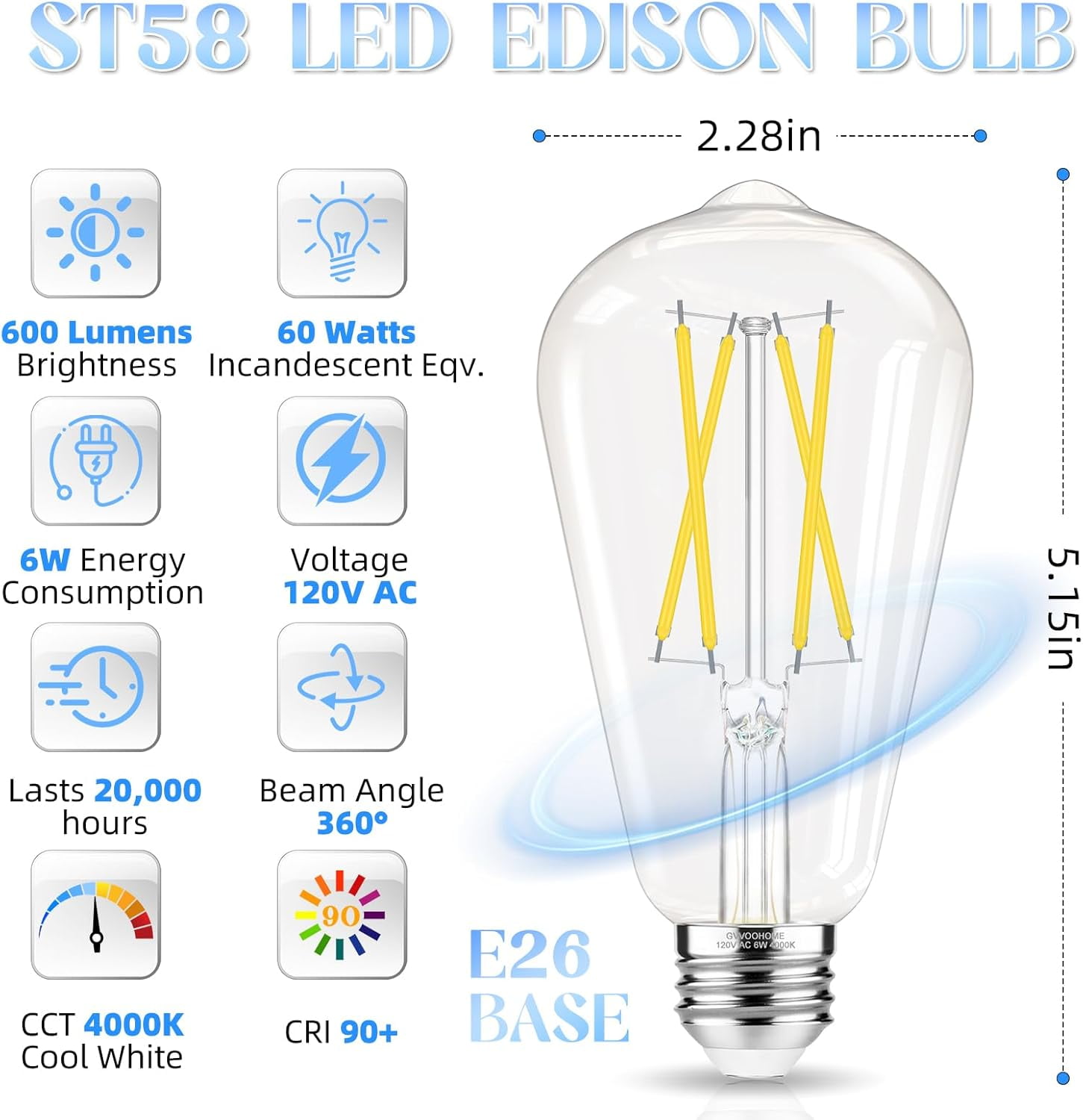 SLFS-Edison Bulbs, E26 LED Bulb 60 watt Equivalent, Non-Dimmable, Cool ...