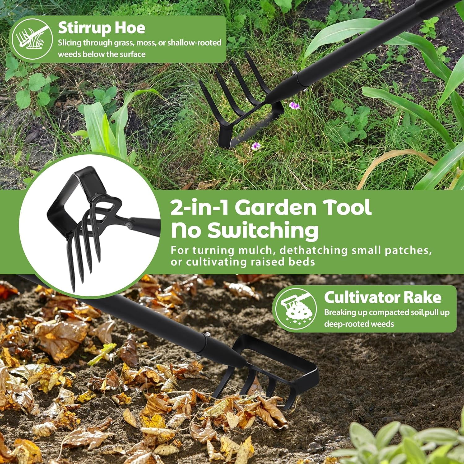 SLFS-Garden Hoe,2 in 1 Heavy Duty Stirrup Hoe and Cultivator Gardening ...