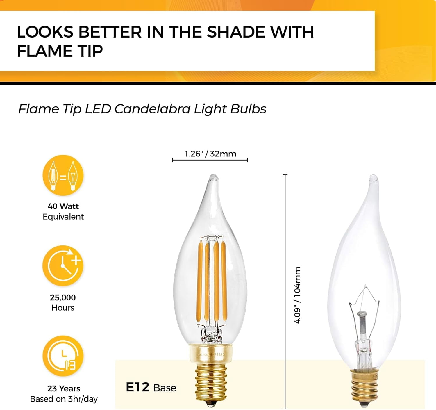 SLFS-LED Candelabra Bulbs 40 watt Equivalent, 90+ CRI Dimmable E12 LED ...