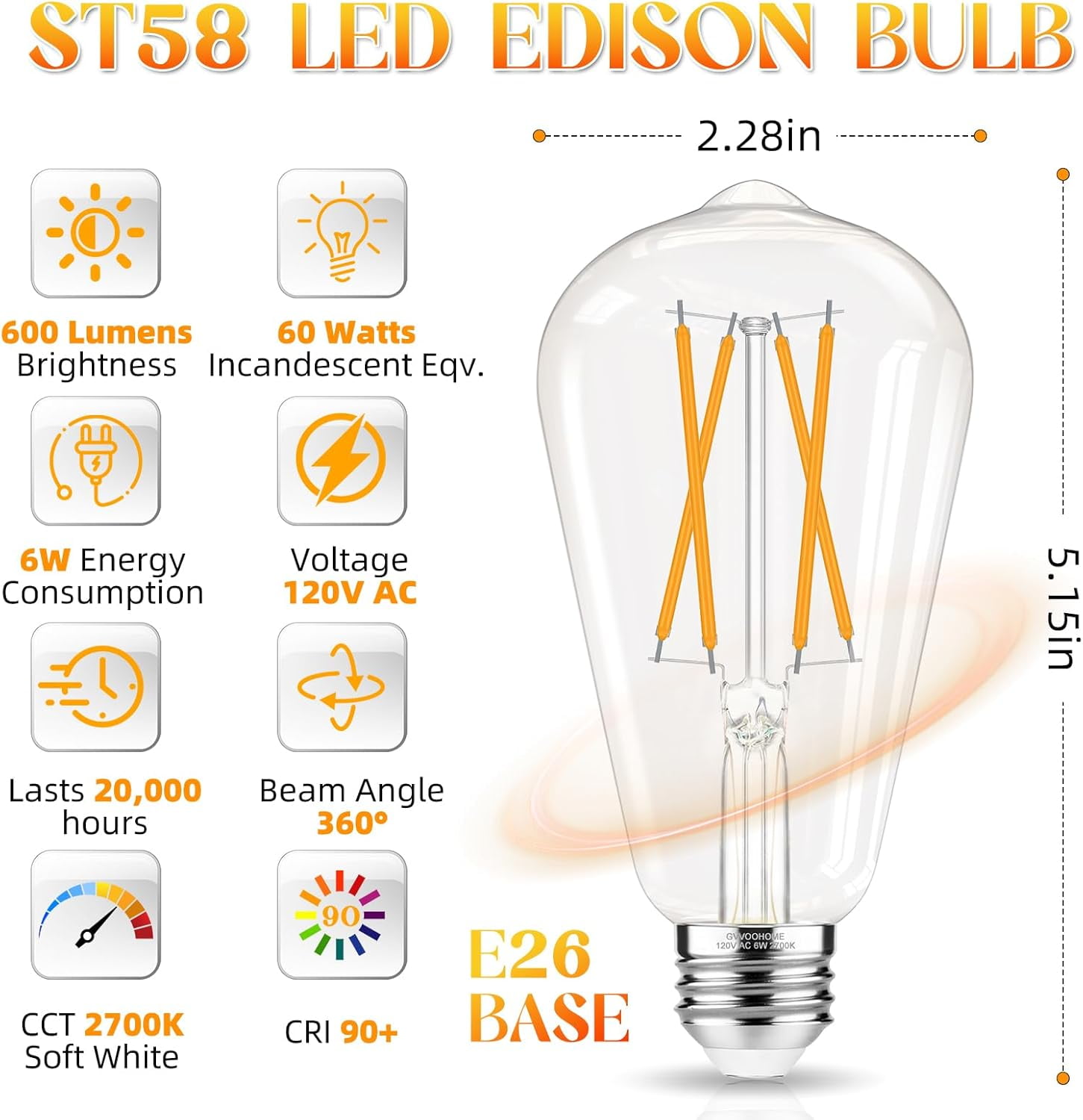 SLFS-LED Edison Bulbs, E26 Bulb 60 watt Equivalent, Non-Dimmable, Soft ...
