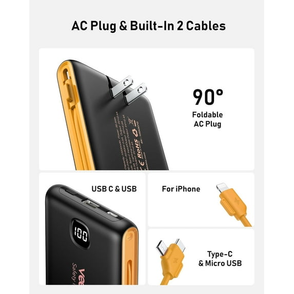 SLFS-Portable Charger Power Bank Built in Cables and Wall Plug, 10000mAh Phone Battery Pack Fast ...