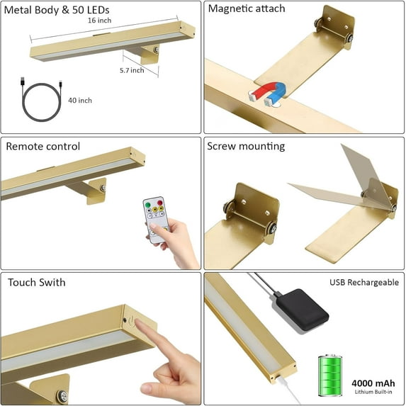 SLFS-Rechargeable Picture Lights with Remote, 16" Battery Operated ...