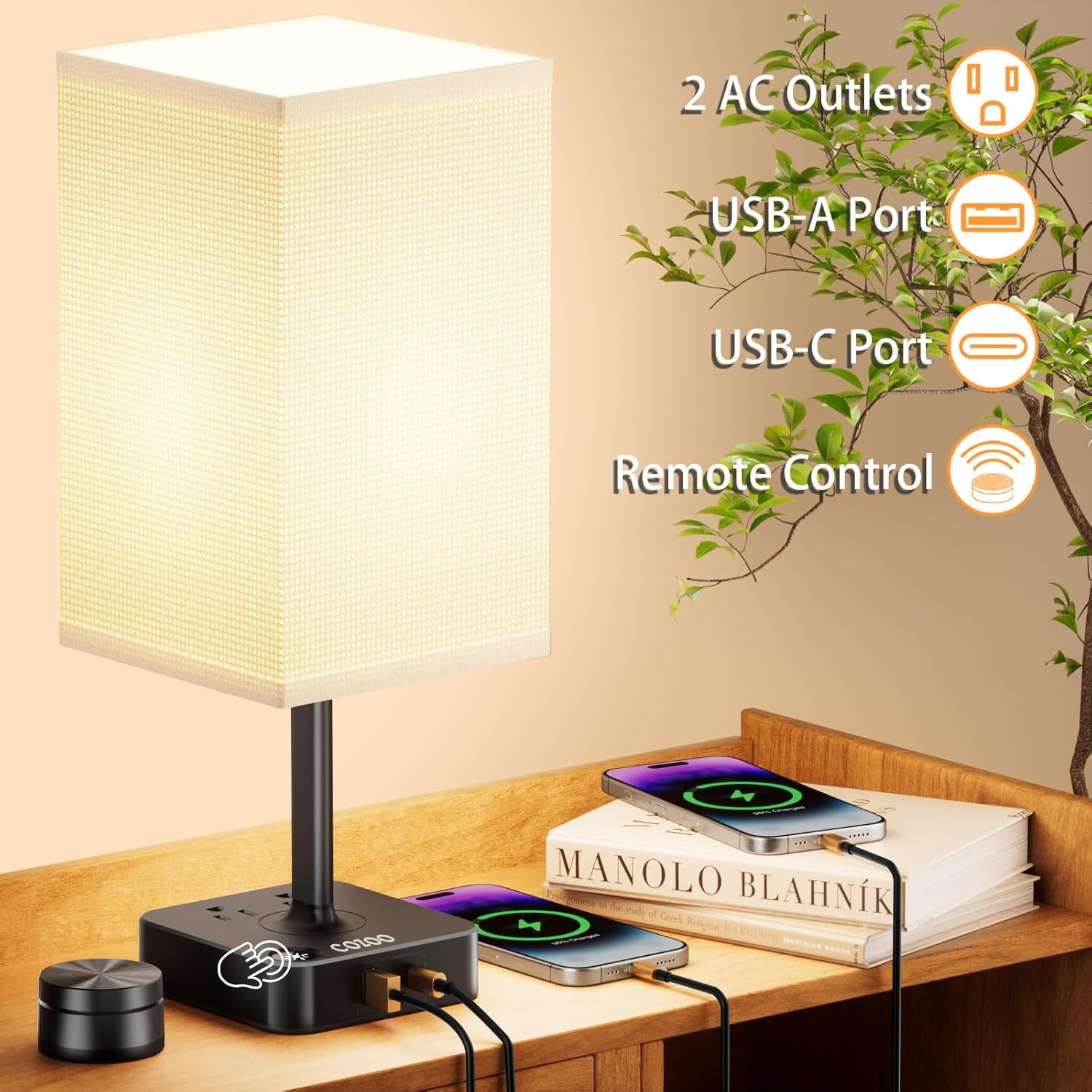 SLFS-Remote Control Bedside Lamp with USB-C & USB-A Charging Ports, 2 ...