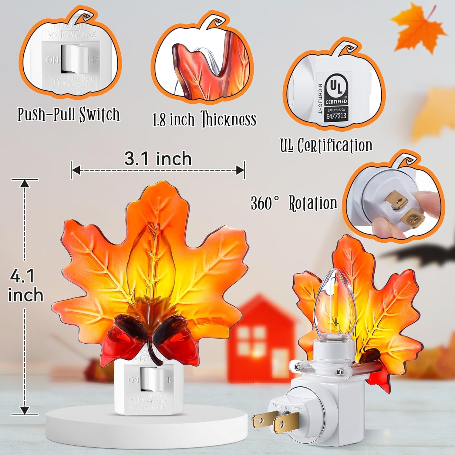 SLFS-Thanksgiving Leaf Night Light Plug Into Wall, Bright Orange Maple ...
