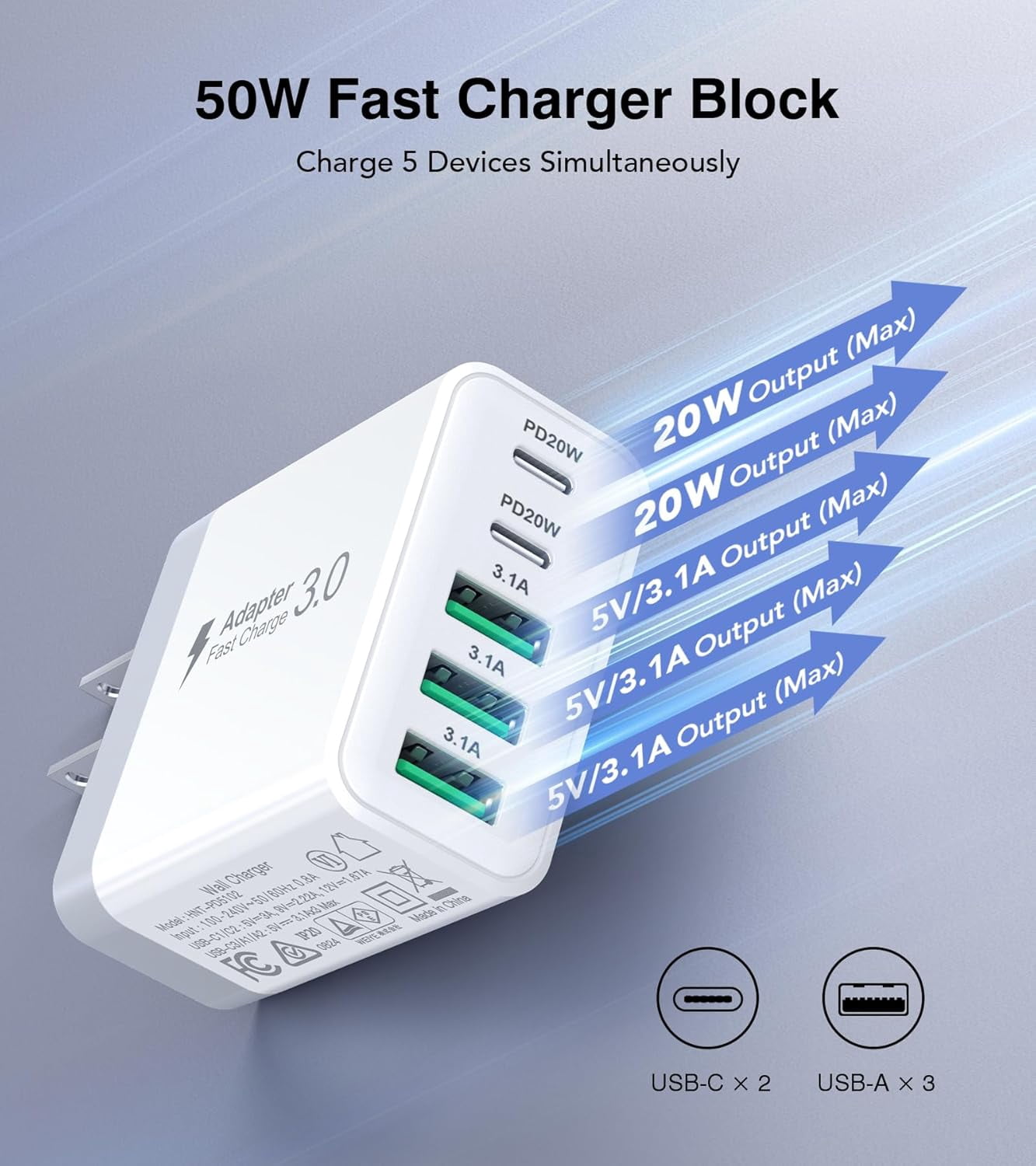 SLFS-USB C Charger Block, [2-Pack] 50W 5-Port USB C Wall Charger Type C ...