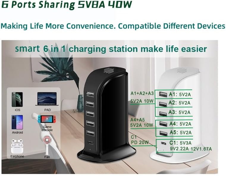 SLFS-USB Charging Station for Multiple Devices, 40W Multiport Charger ...
