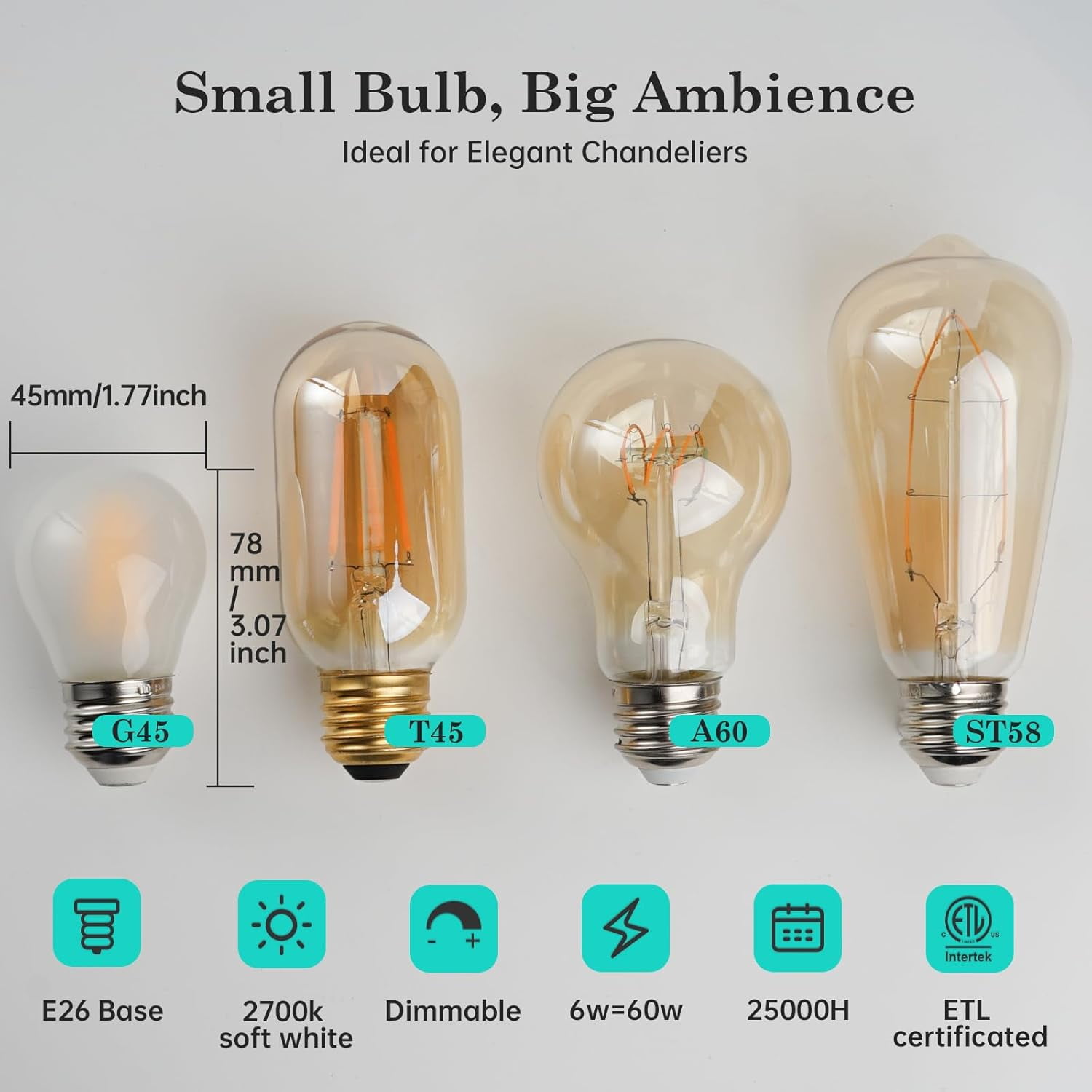 SLFS-Vintage Edison LED Short Bulb 60W E26 Standard Base Dimmable G45 ...