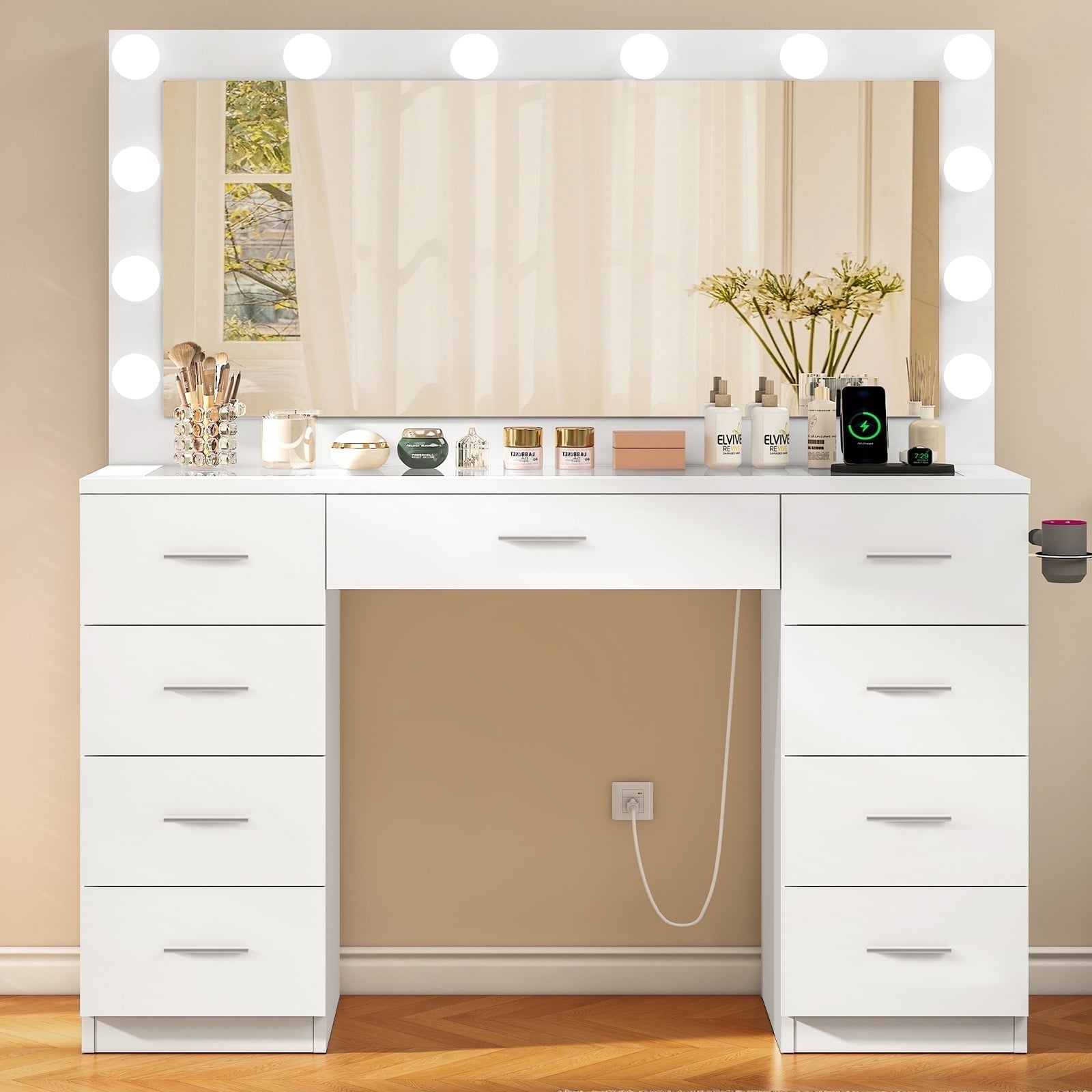 TEENFON 46" Vanity Desk with Large Lighted Mirror and Power Outlet ...