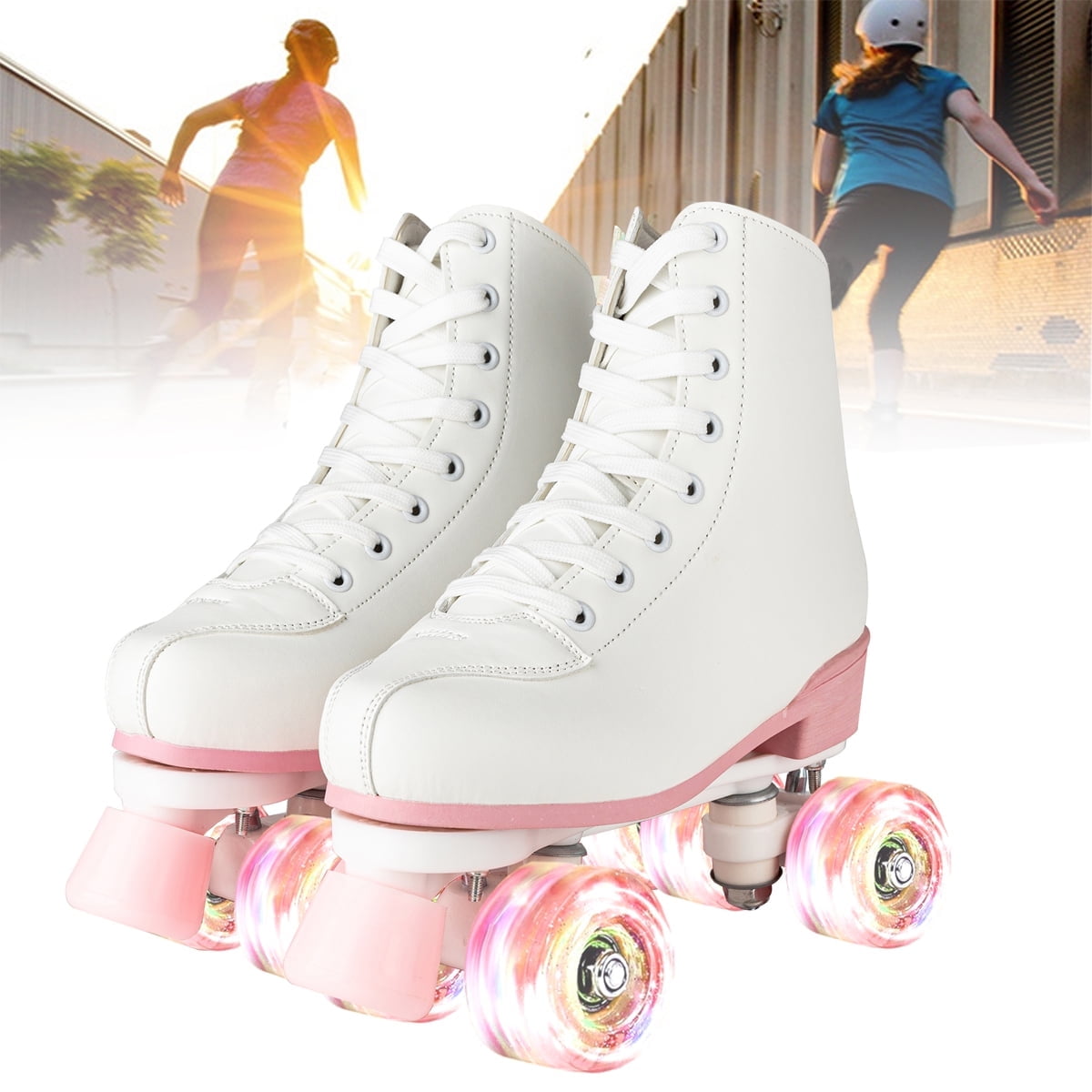 SLLINGLUO Roller Skates for Women, Gilrs High-Top Double Row Leather ...
