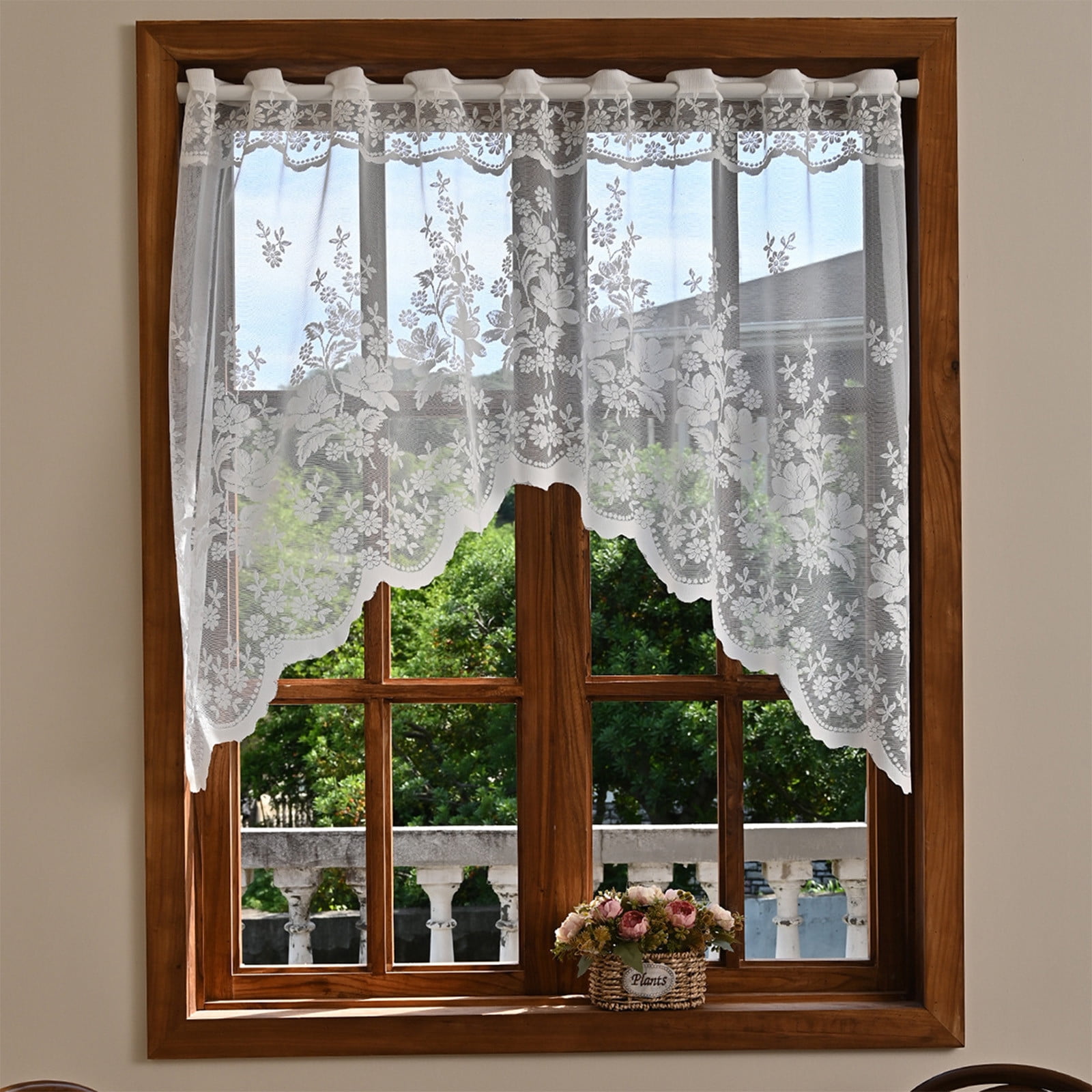 SLMOTUAE Semi Transparent Lace Tier Curtain Rod Cover Design for Small ...