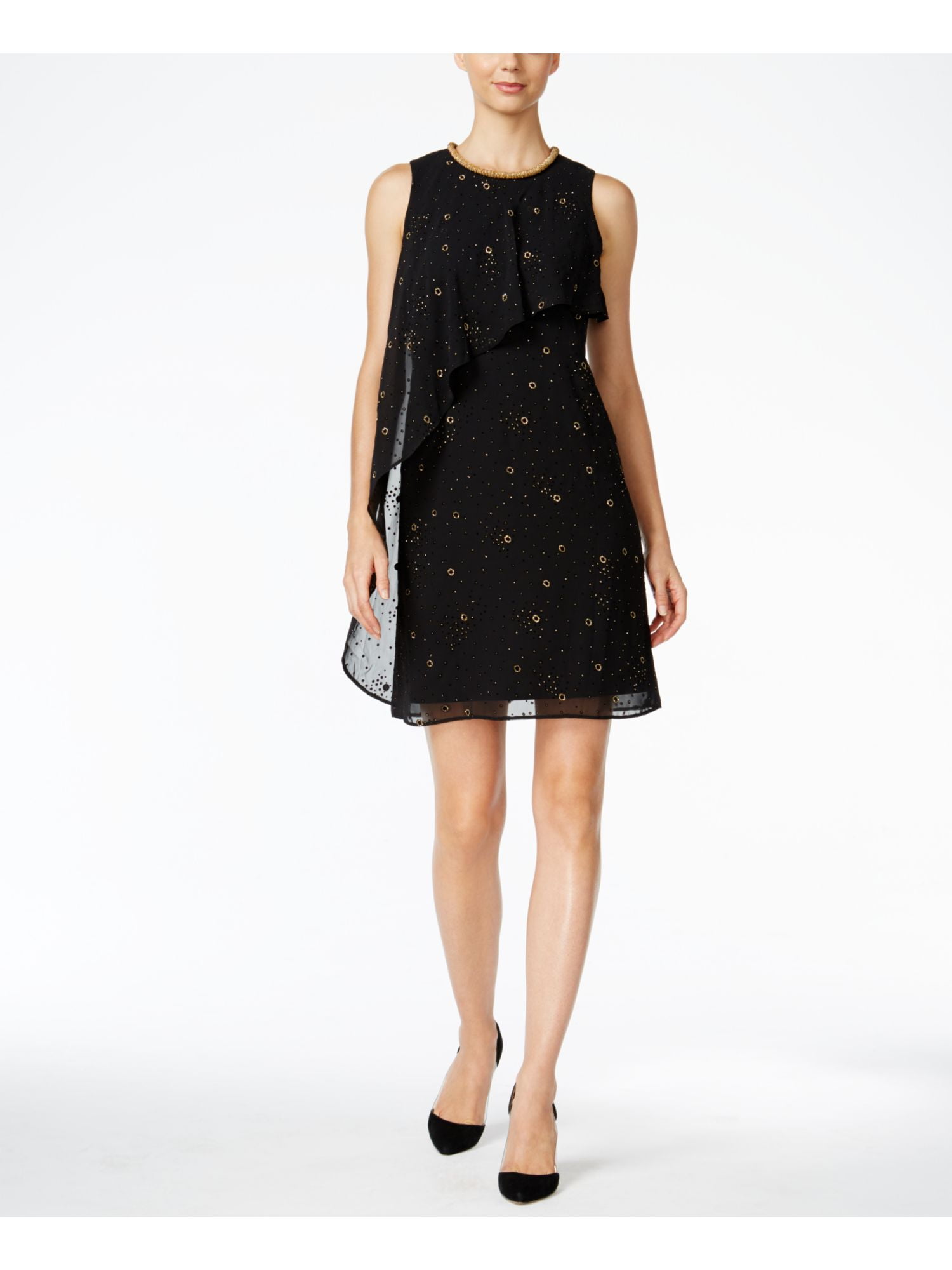 SLNY $89 Womens New 1171 Black Speckle Sheer Drape Jewel Neck Shift ...