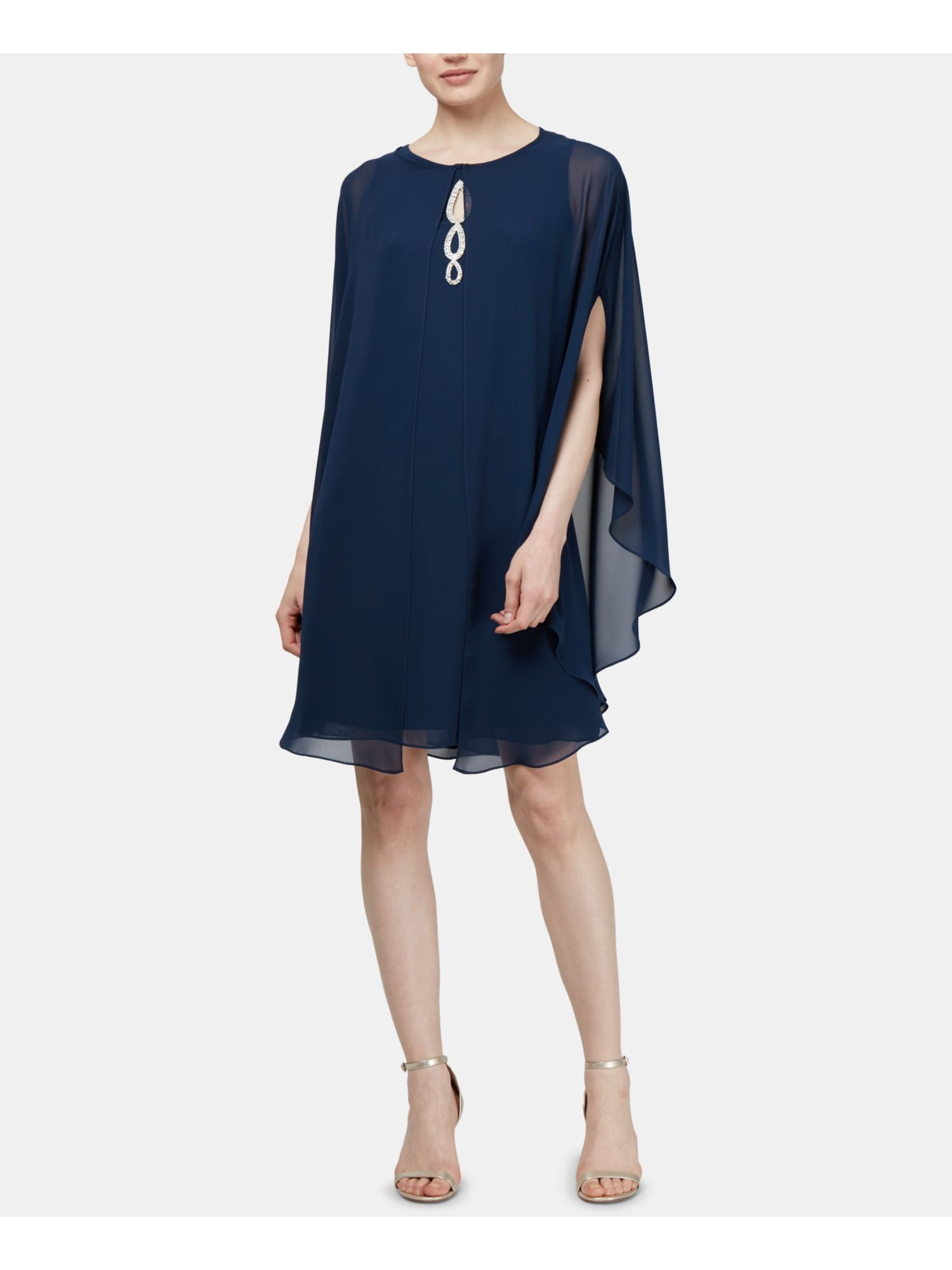 SLNY Womens Navy Embellished Sheer Keyhole Sleeveless Crew Neck Above ...